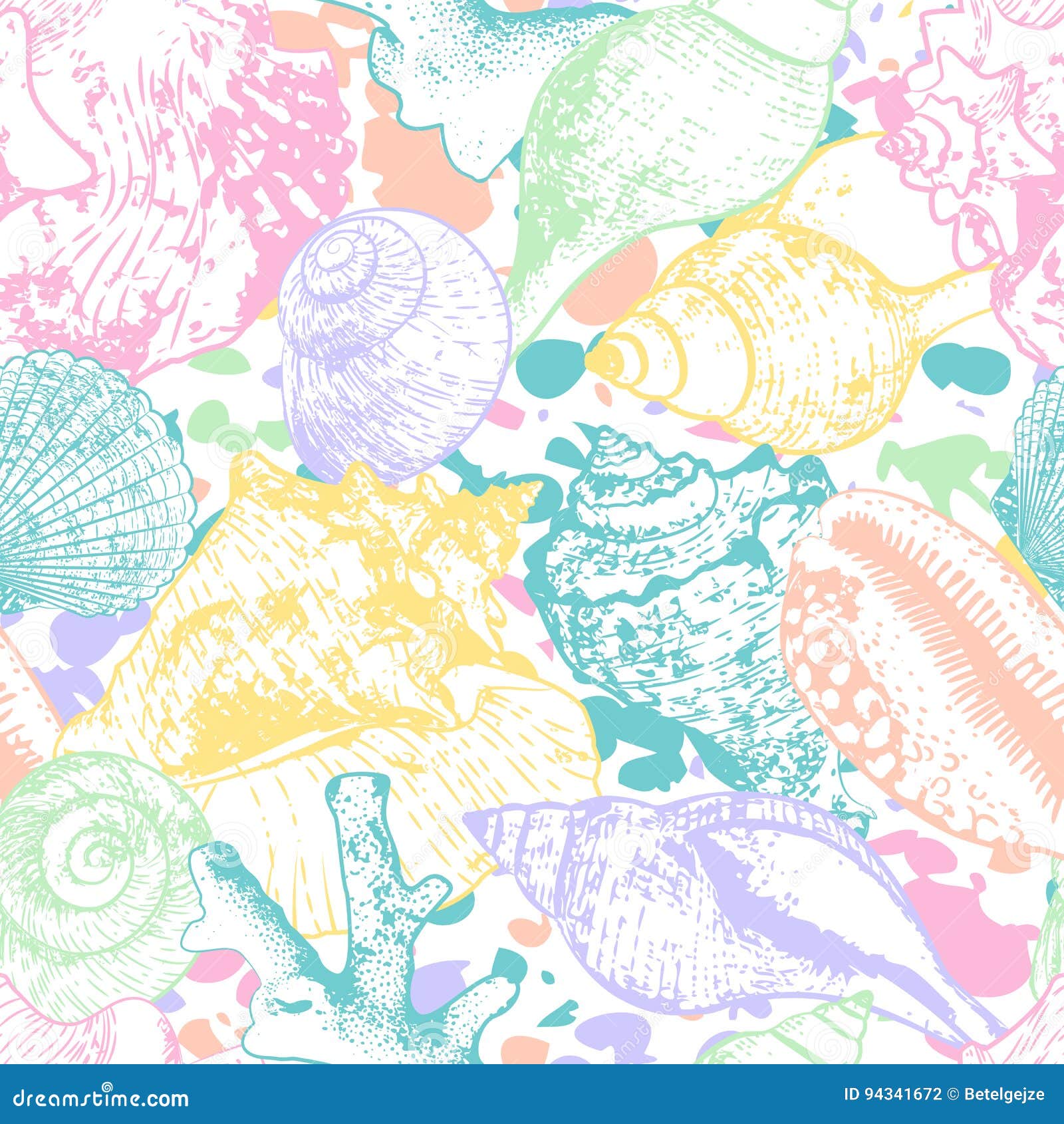 Vector Seamless Pattern with Hand Drawn Multicolor Seashells. Colorful ...