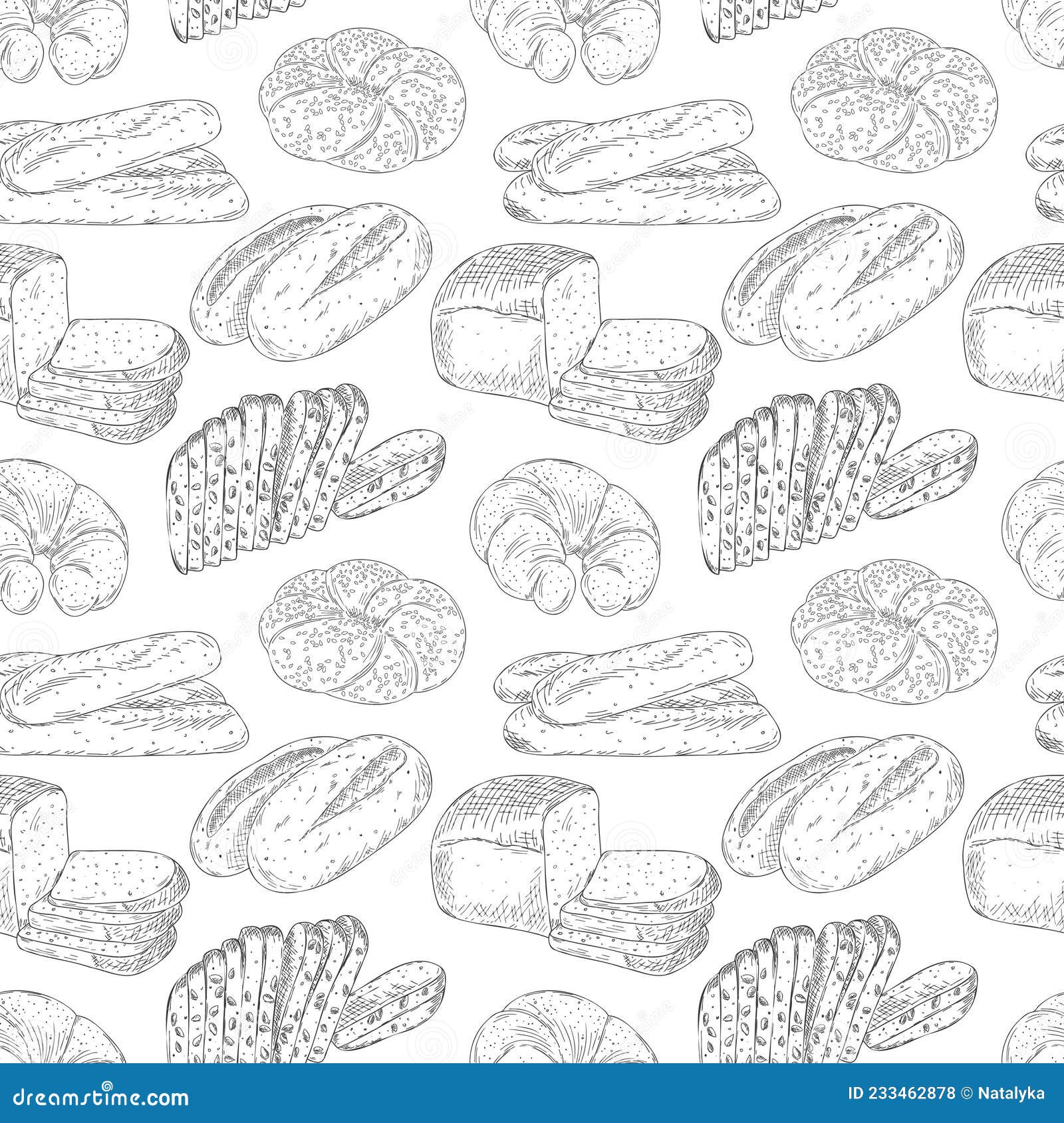 Vector Seamless Pattern with Hand Drawn Outline Different Bread Stock ...