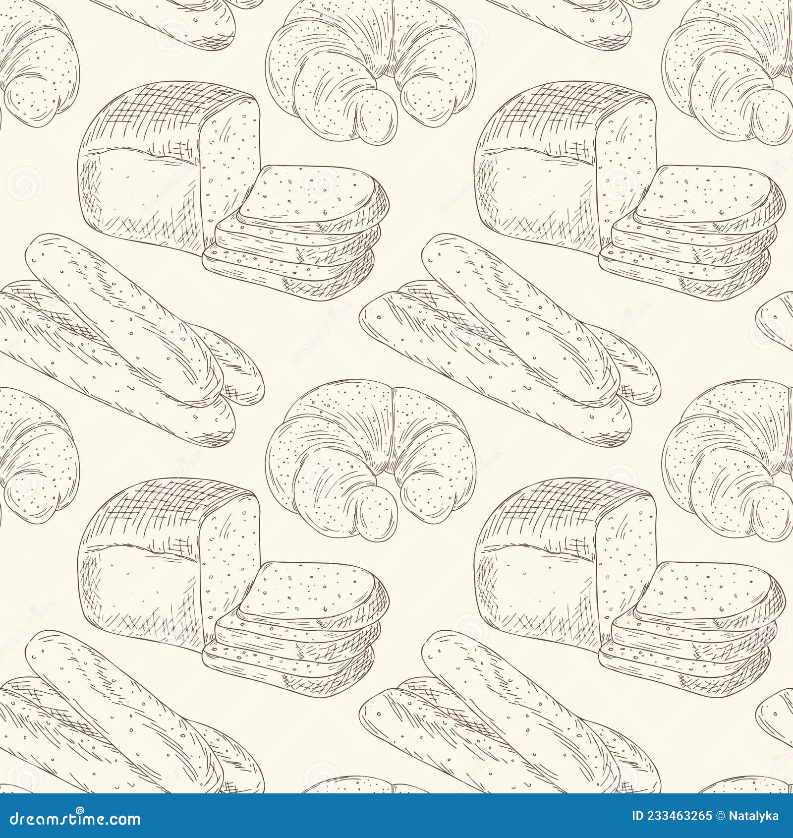 Vector Seamless Pattern with Hand Drawn Outline Different Bread Stock ...