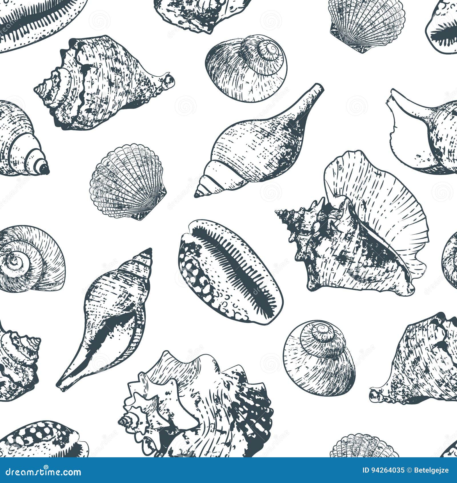 Vector Seamless Pattern with Hand Drawn Outline Various Seashells ...