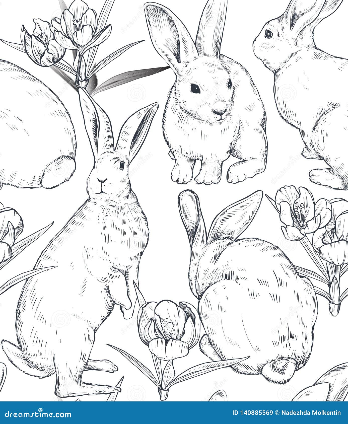 Vector Seamless Pattern with Hand Drawn Rabbits. Stock Vector ...