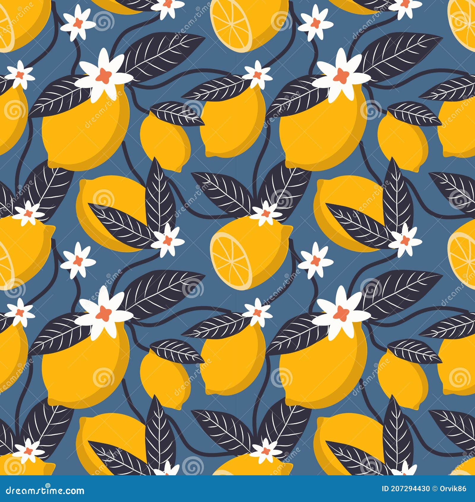 Vector Seamless Pattern with Hand Drawn Repeating Lemons on a Blue ...