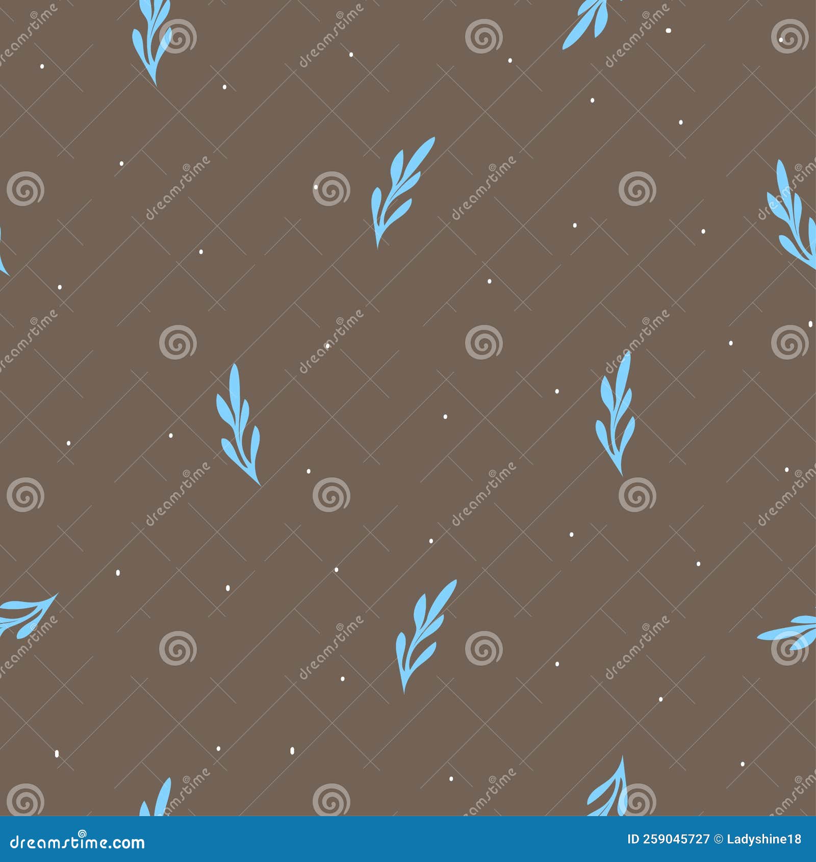 Vector Seamless Pattern with Hand Drawn Sky Blue Leaves and Dots on ...