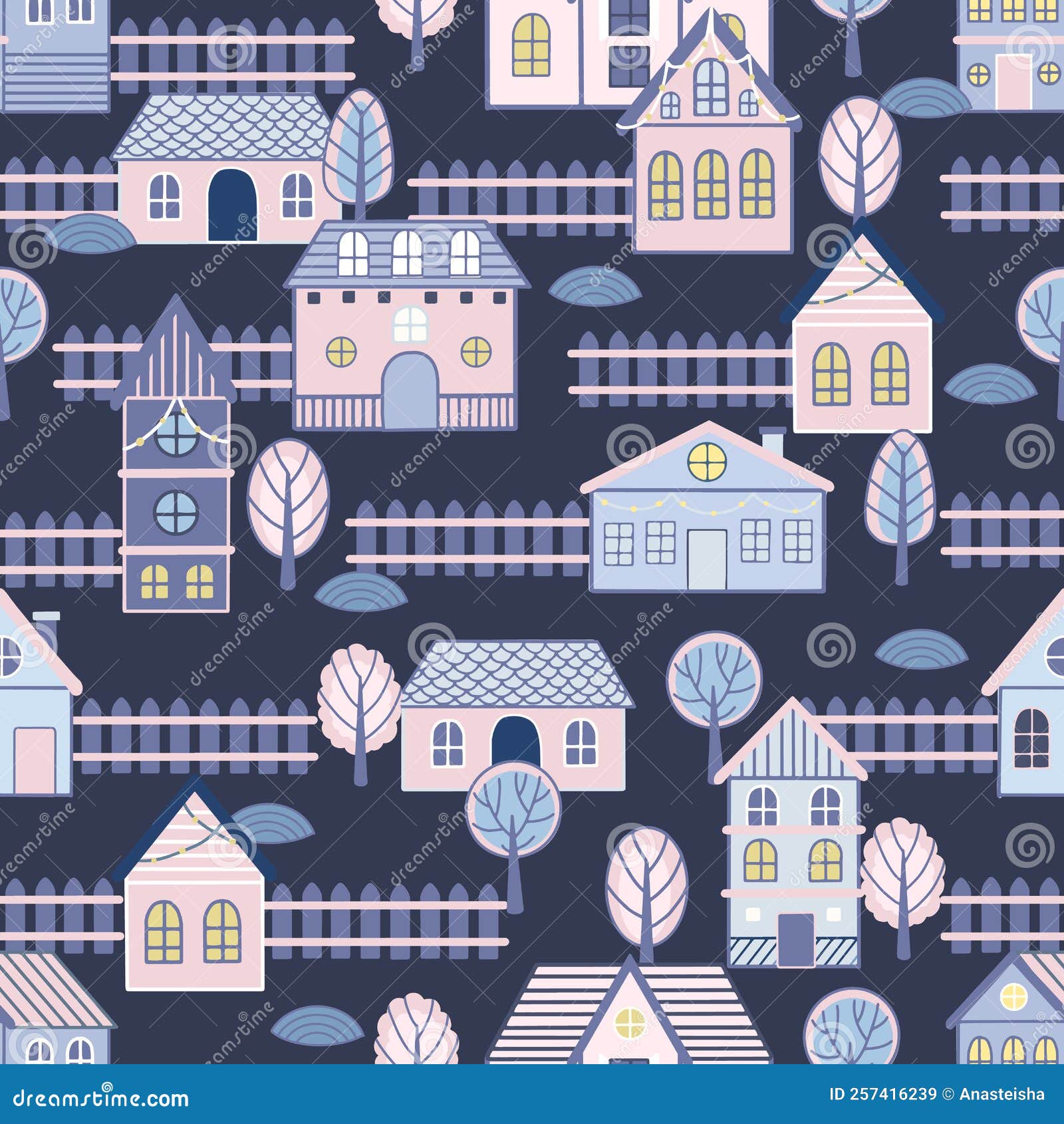 Vector Seamless Pattern with Hand Drawn Tree and House. Great for ...