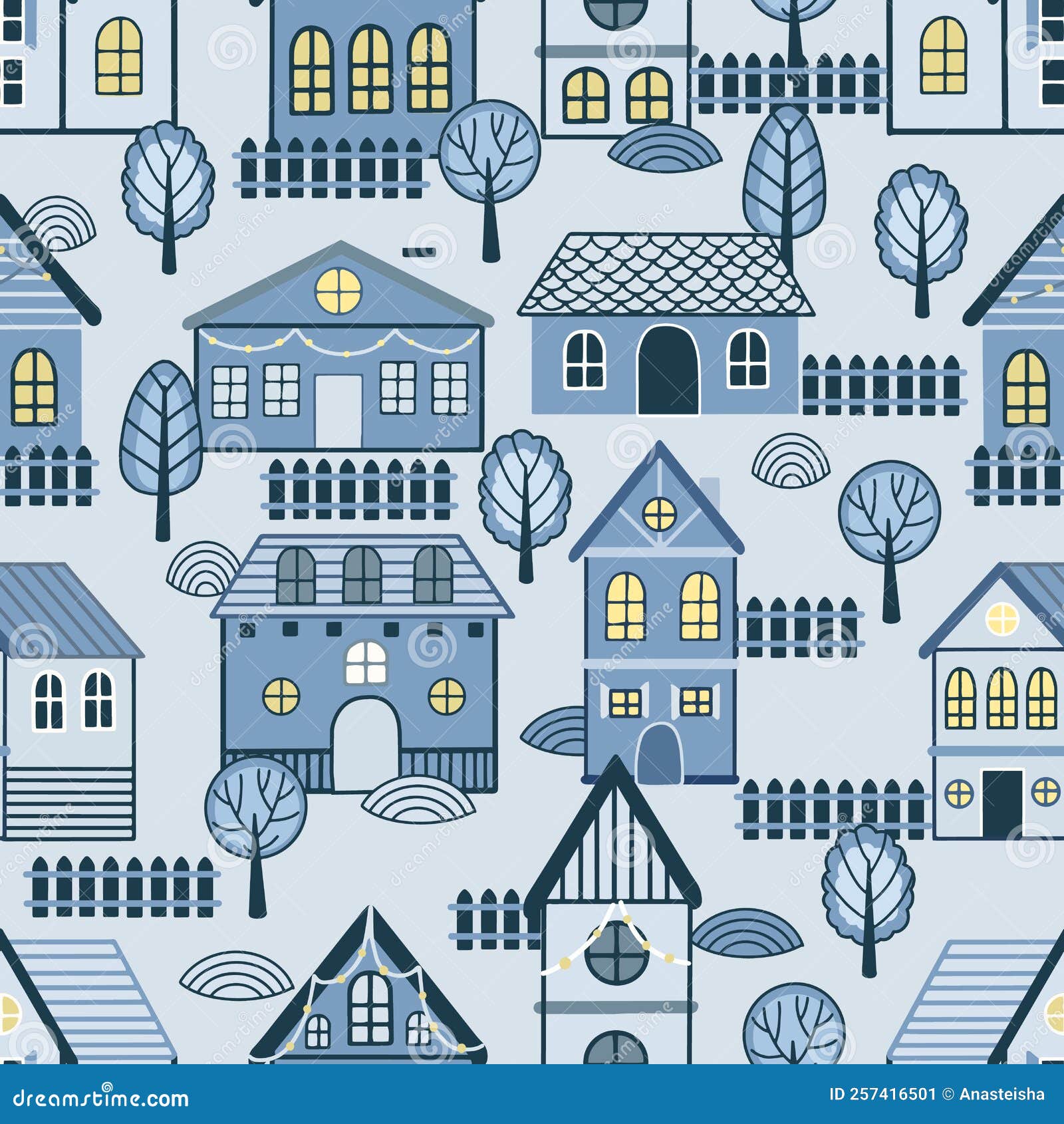 Vector Seamless Pattern with Hand Drawn Tree and House. Great for ...