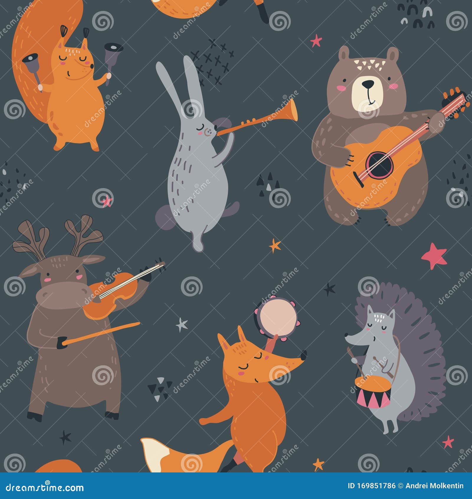 Vector Seamless Pattern with Hand Drawn Wild Forest Animals with ...
