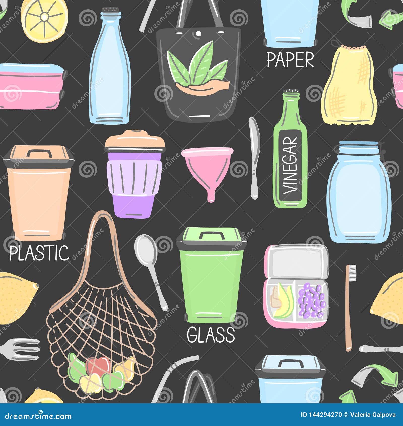 Vector Seamless Pattern with Hand Drawn Zero Waste Objects. Eco ...