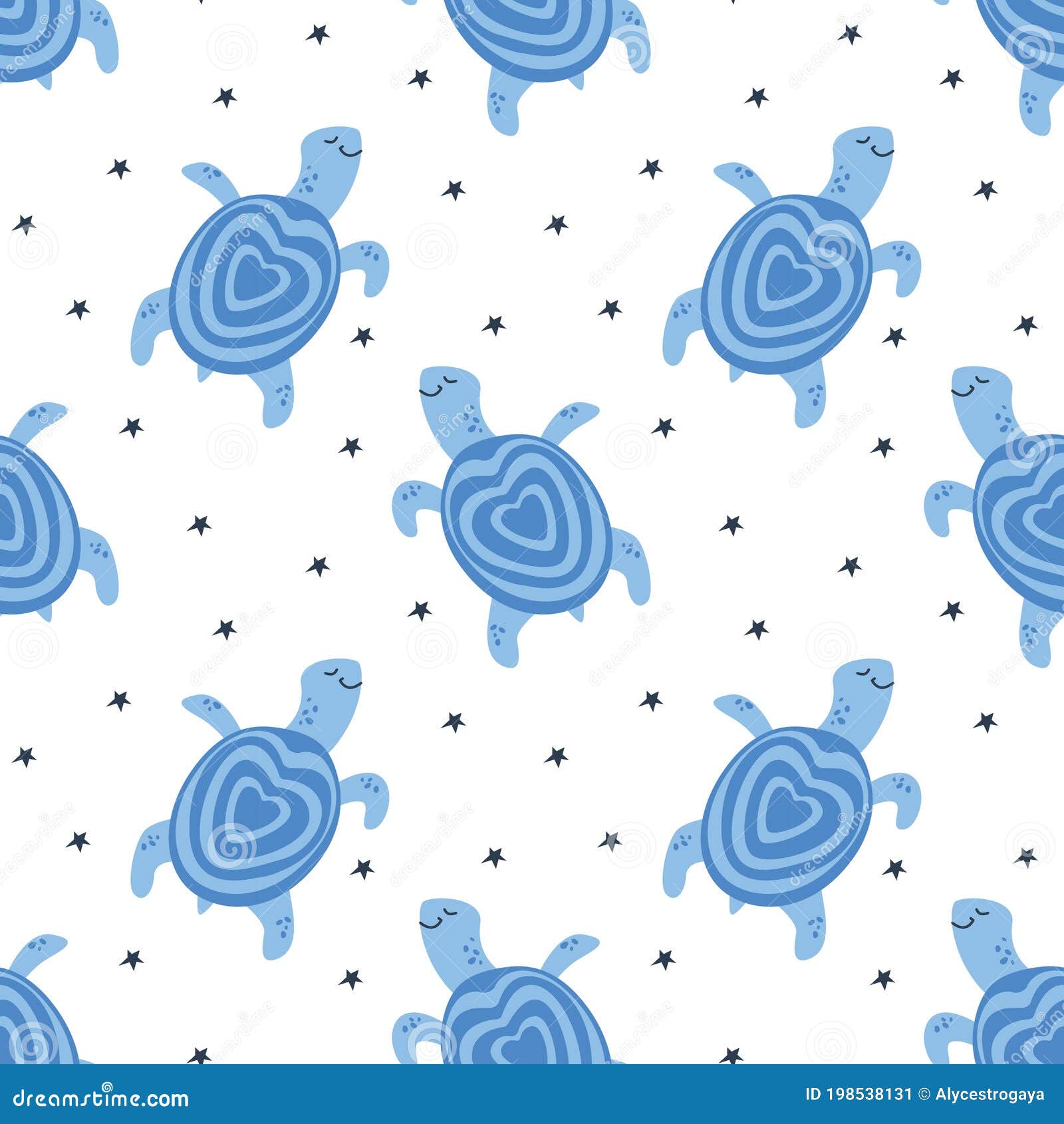 Vector Seamless Pattern of Handdrawn Cute Turtle with Heart Shape Shell ...