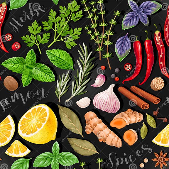 Vector Seamless Pattern with Herbs and Spices Stock Vector ...