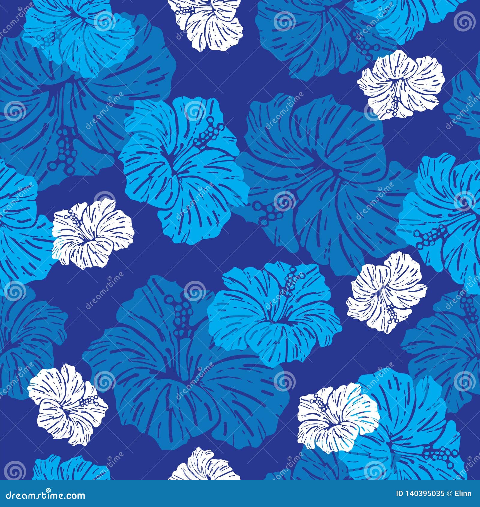 Vector Seamless Pattern Hibiscus Flowers in Blue Stock Vector ...