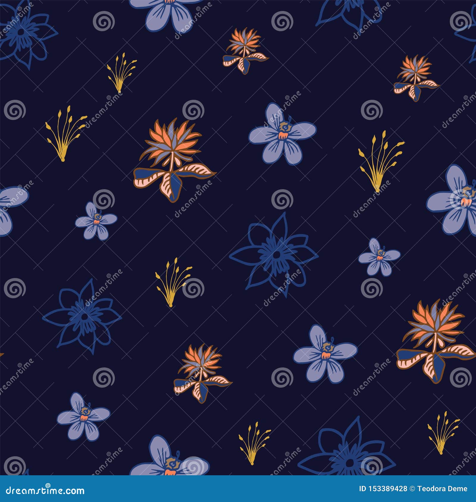 Vector Tropical Flowers Seamless Pattern Repeat on Dark Blue Background ...