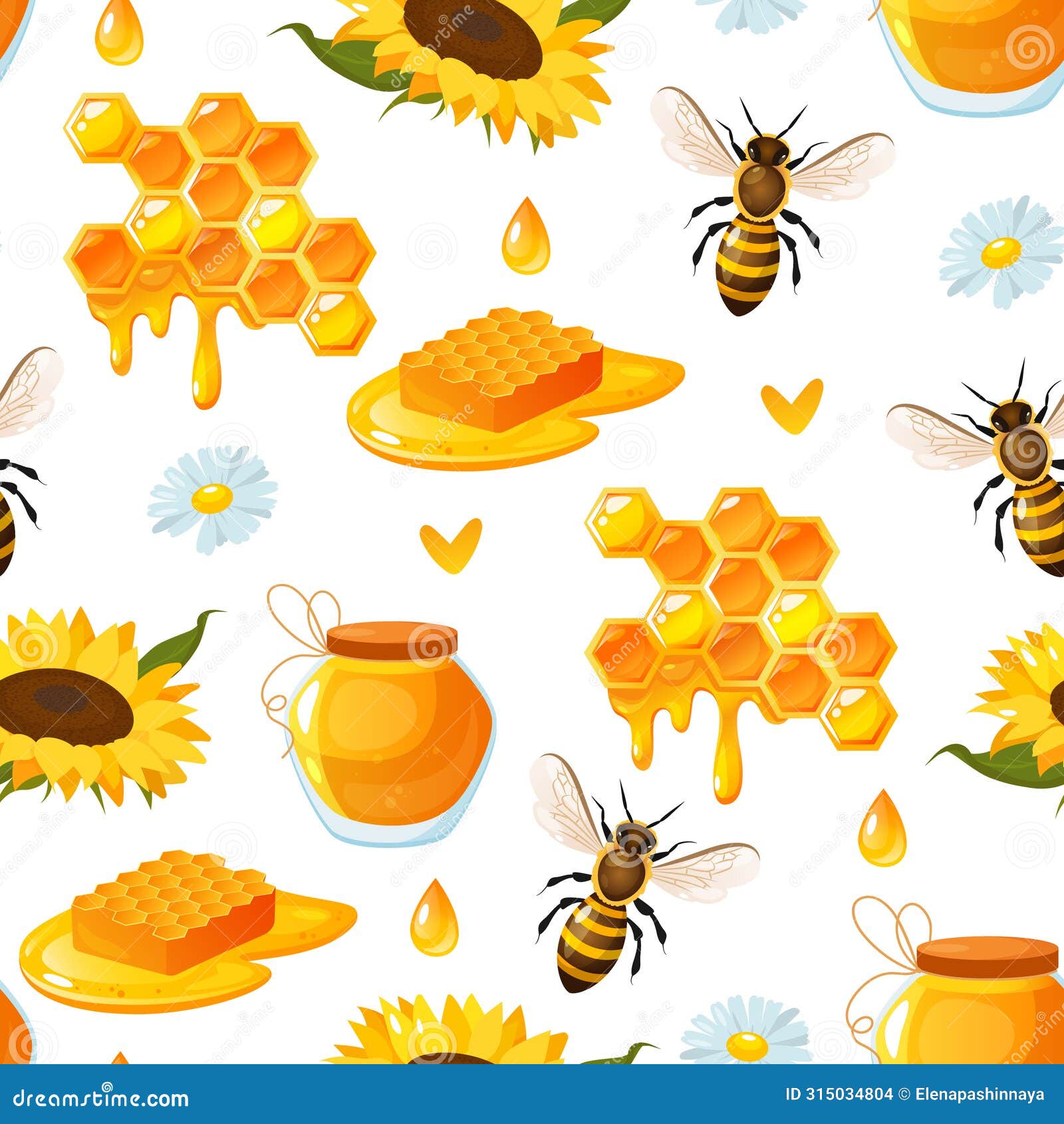 Vector Seamless Pattern with Honey Elements on White Background Stock ...