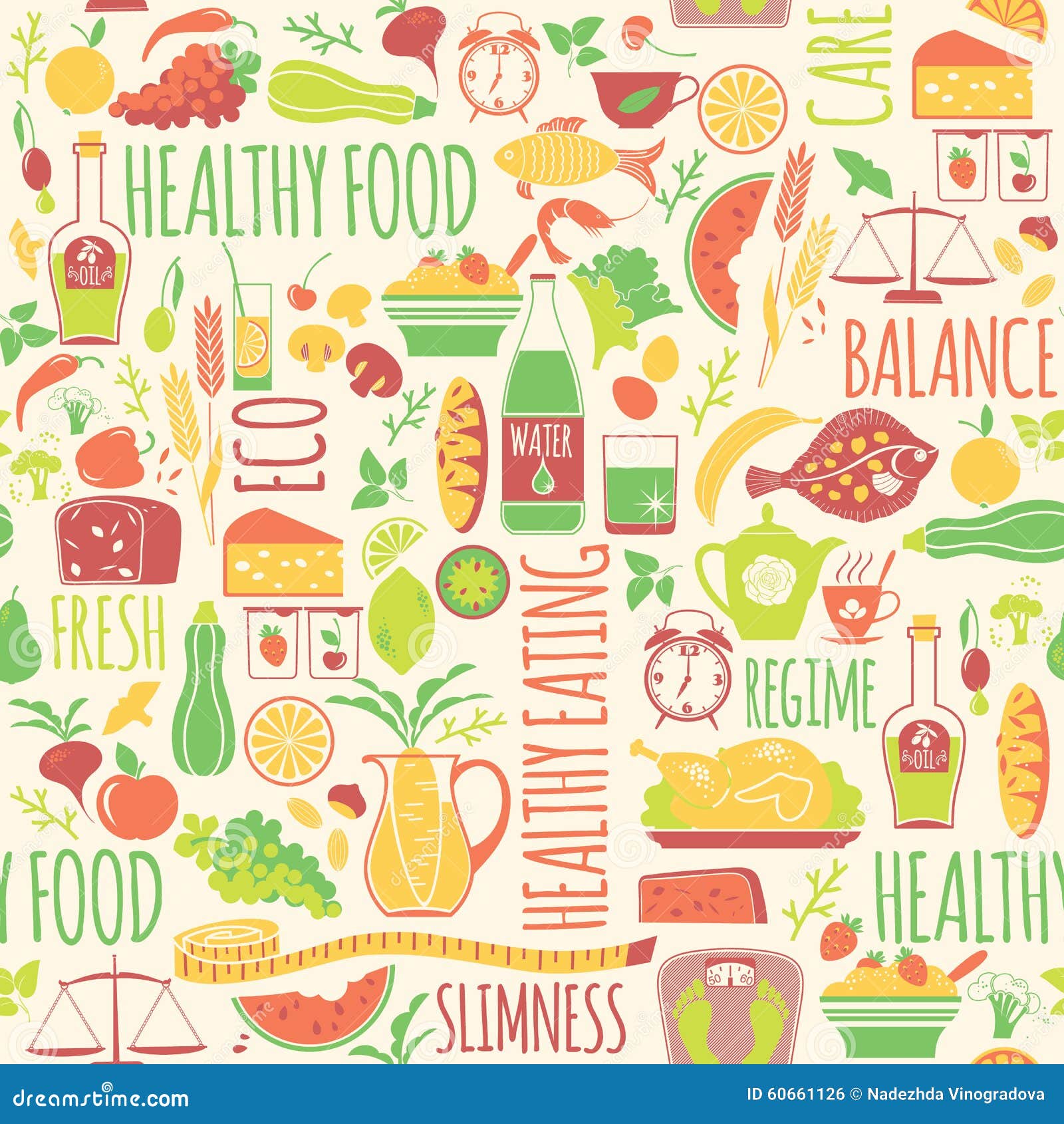 Vector Seamless Pattern with Illustration of Healthy Food. Stock Vector ...