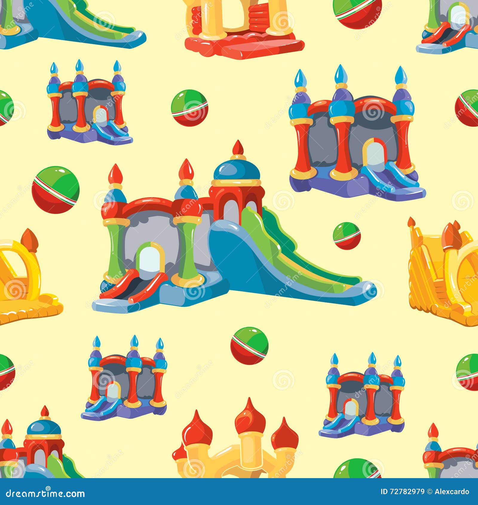Vector Seamless Pattern of Inflatable Castles and Children Hills Stock ...