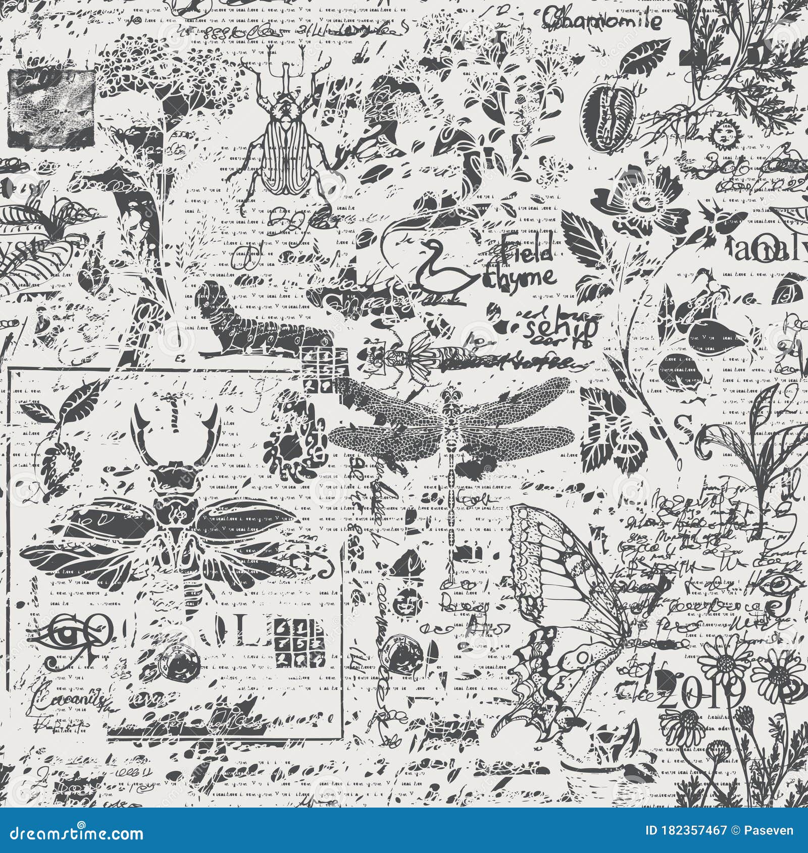 Abstract Seamless Pattern with Insects and Herbs Stock Vector ...