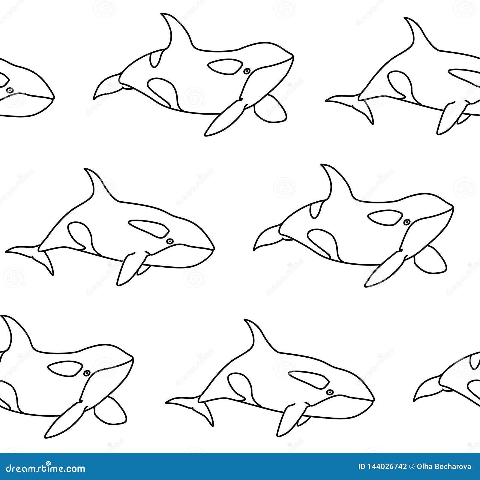 Vector Seamless Pattern of Killer Whale in Outline Style. Line Art ...