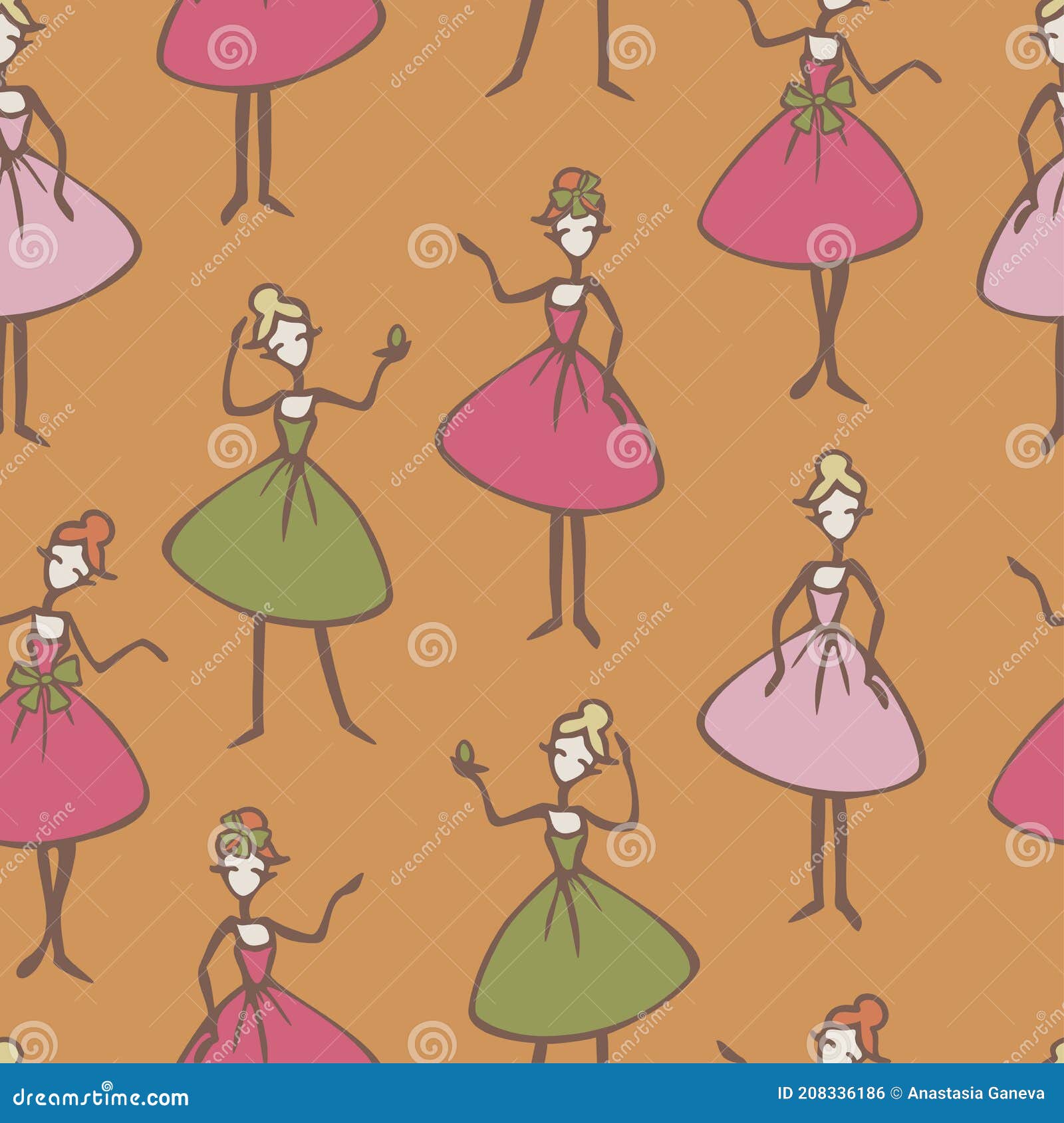 Vector Seamless Pattern with Ladies Cartoon Characters. Stock Vector ...