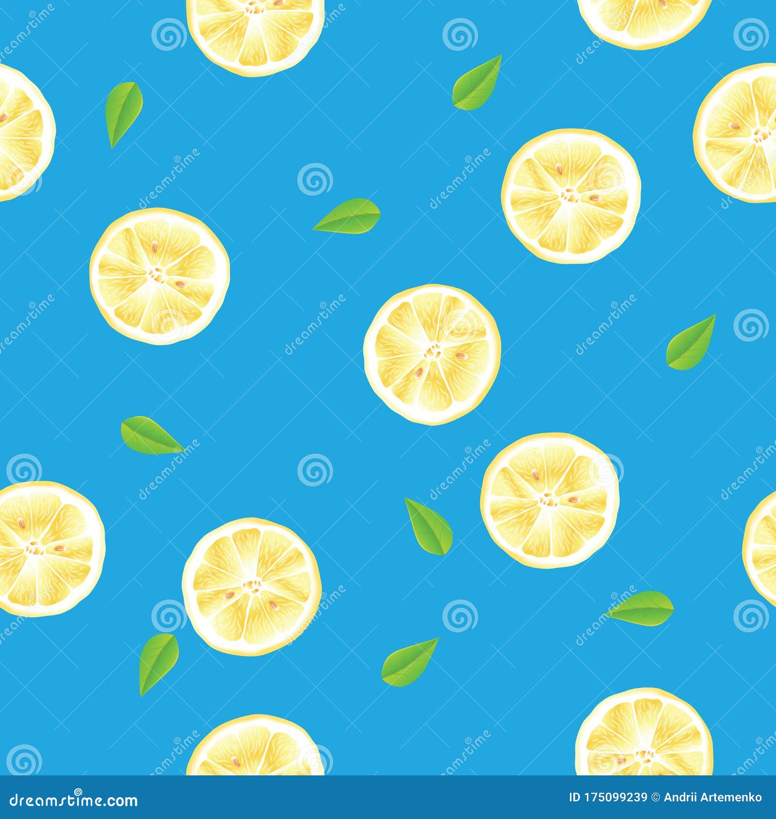 Vector Seamless Pattern of Lemon and Green Leaves on a Blue Background ...