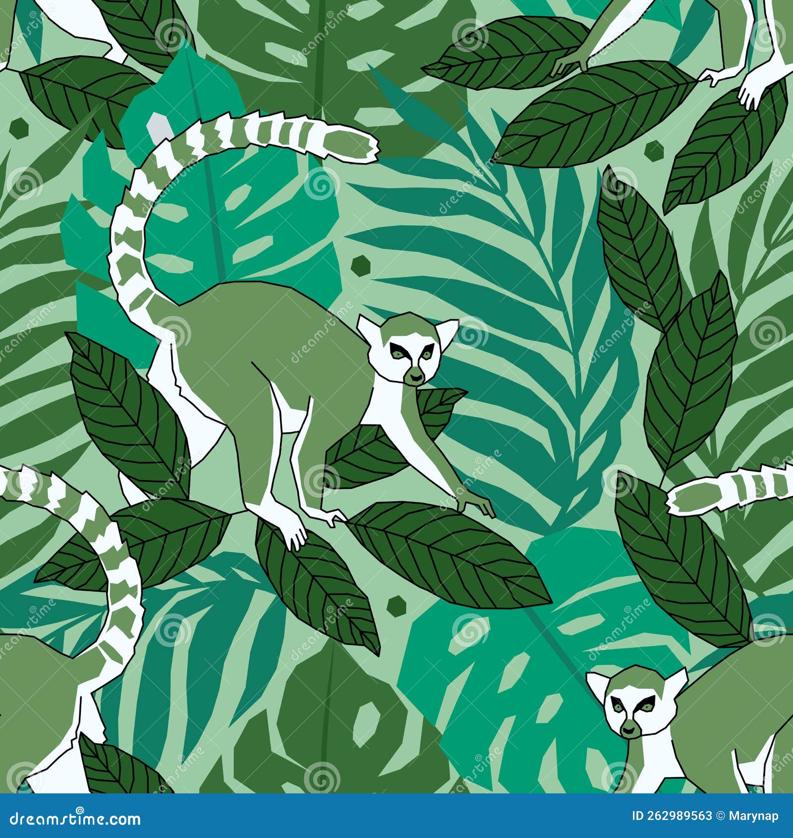 Vector Seamless Pattern with Lemurs in the Tropical Forest. Stock ...