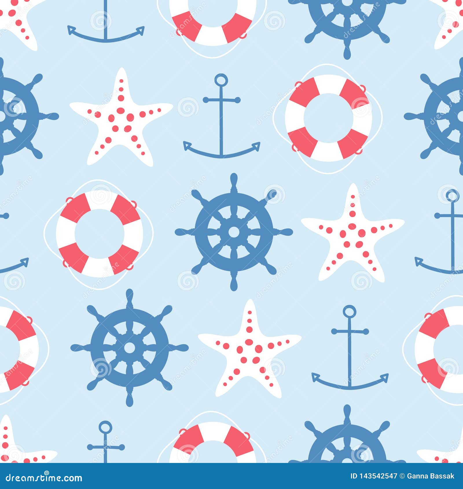 Vector Seamless Pattern with Lifebuoy, Anchor, Starfish, Helm Stock ...