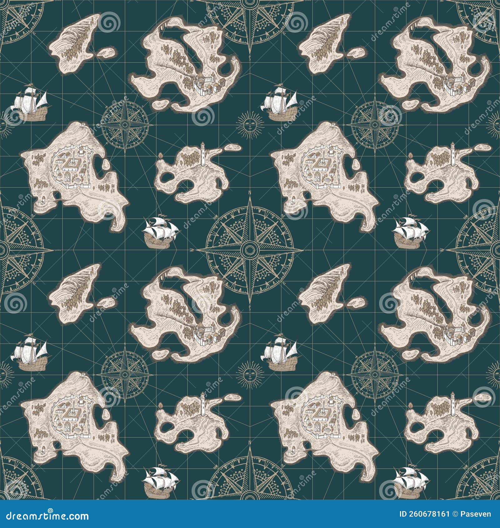 Vector Seamless Pattern Map with Hand-drawn Islands Stock Illustration ...