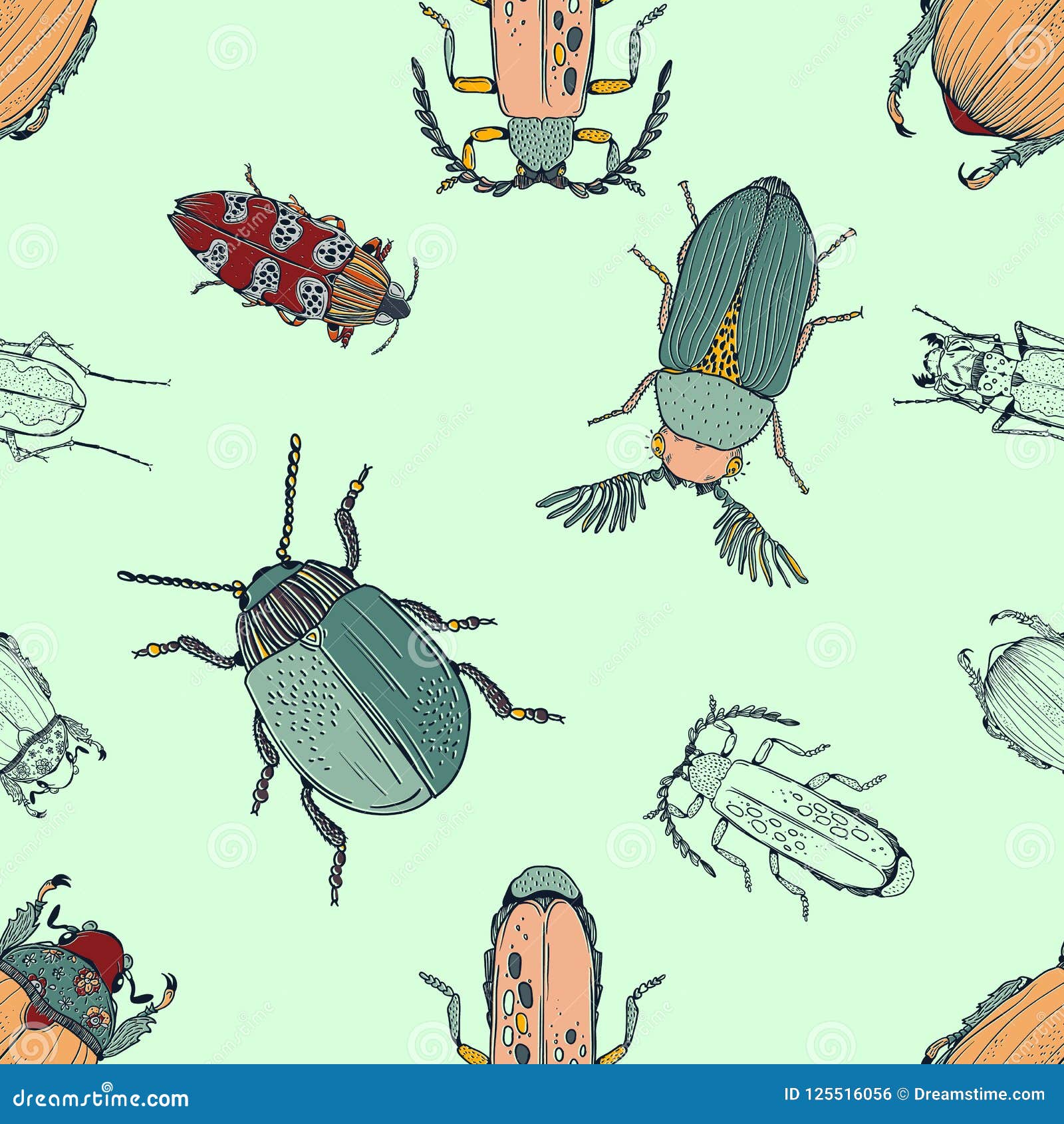 Vector Seamless Pattern of Various Beetles in Hand Draw Style. Stock ...