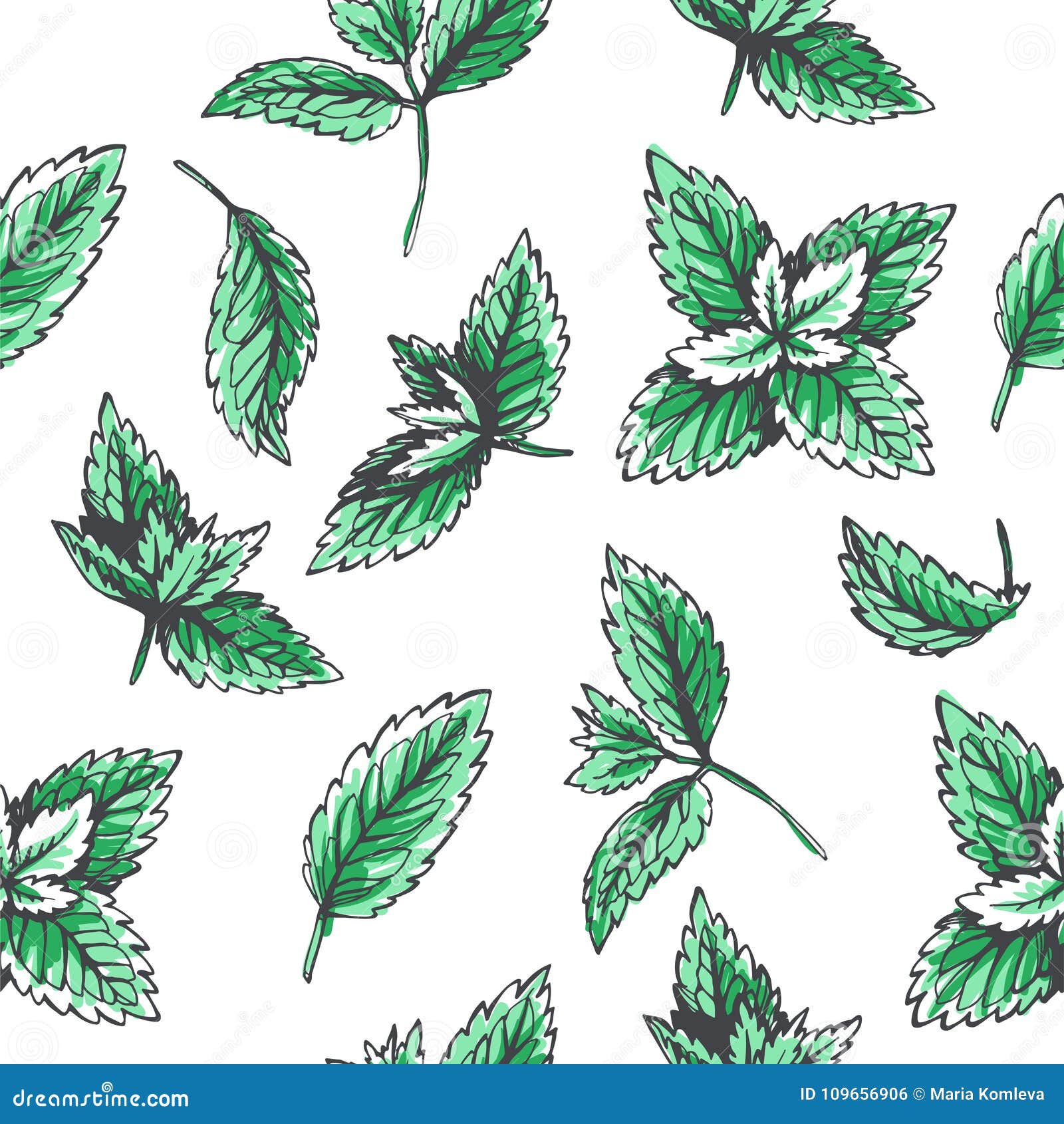 Vector Seamless Pattern with Mint Leaves. Botanical Hand Drawn I Stock ...