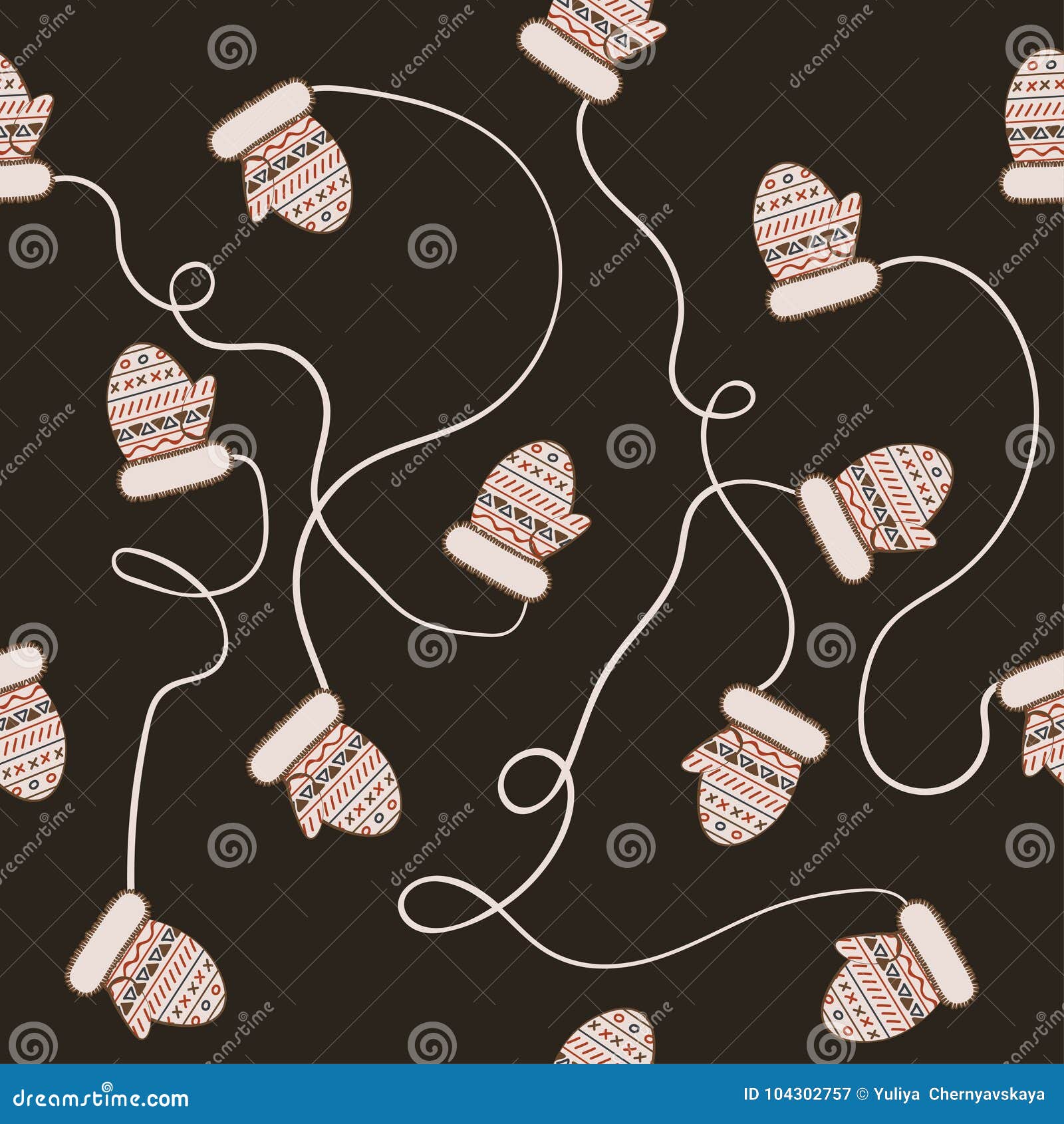 Vector Seamless Pattern with Mittens on a String. Black Background ...