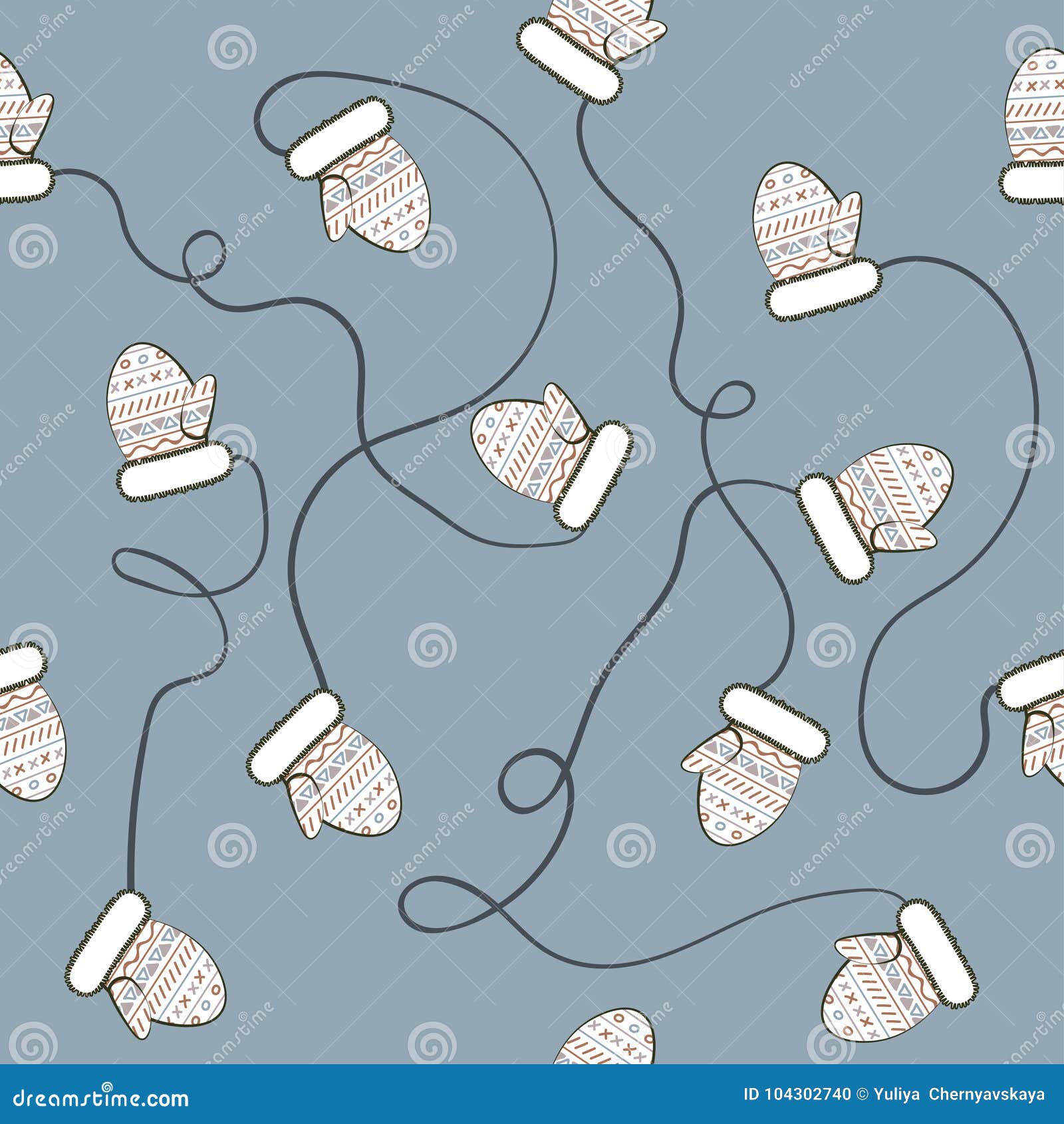 Vector Seamless Pattern with Mittens on a String. Blue Background ...