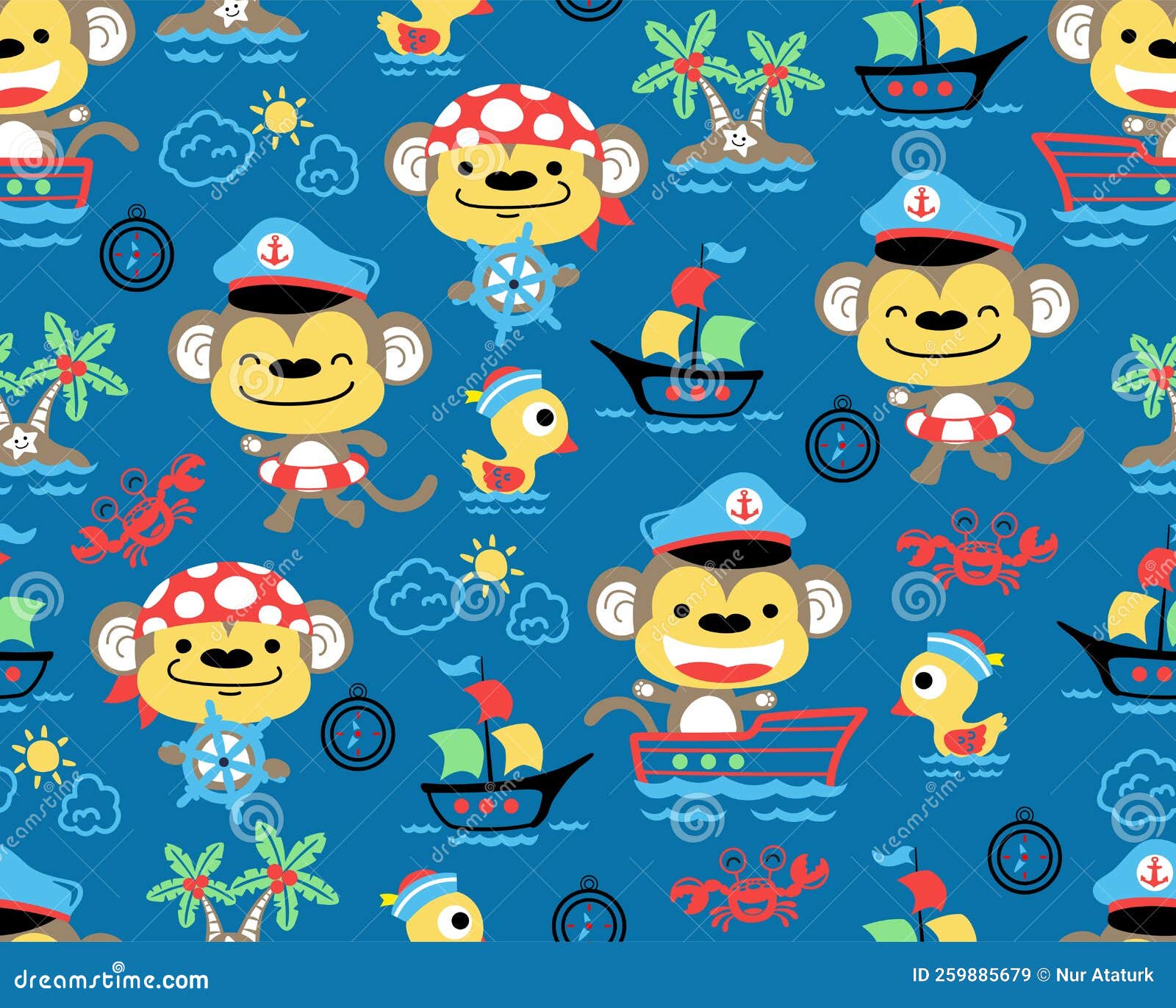 Vector of Seamless Pattern with Monkeys Cartoon on Sailing Theme Set ...