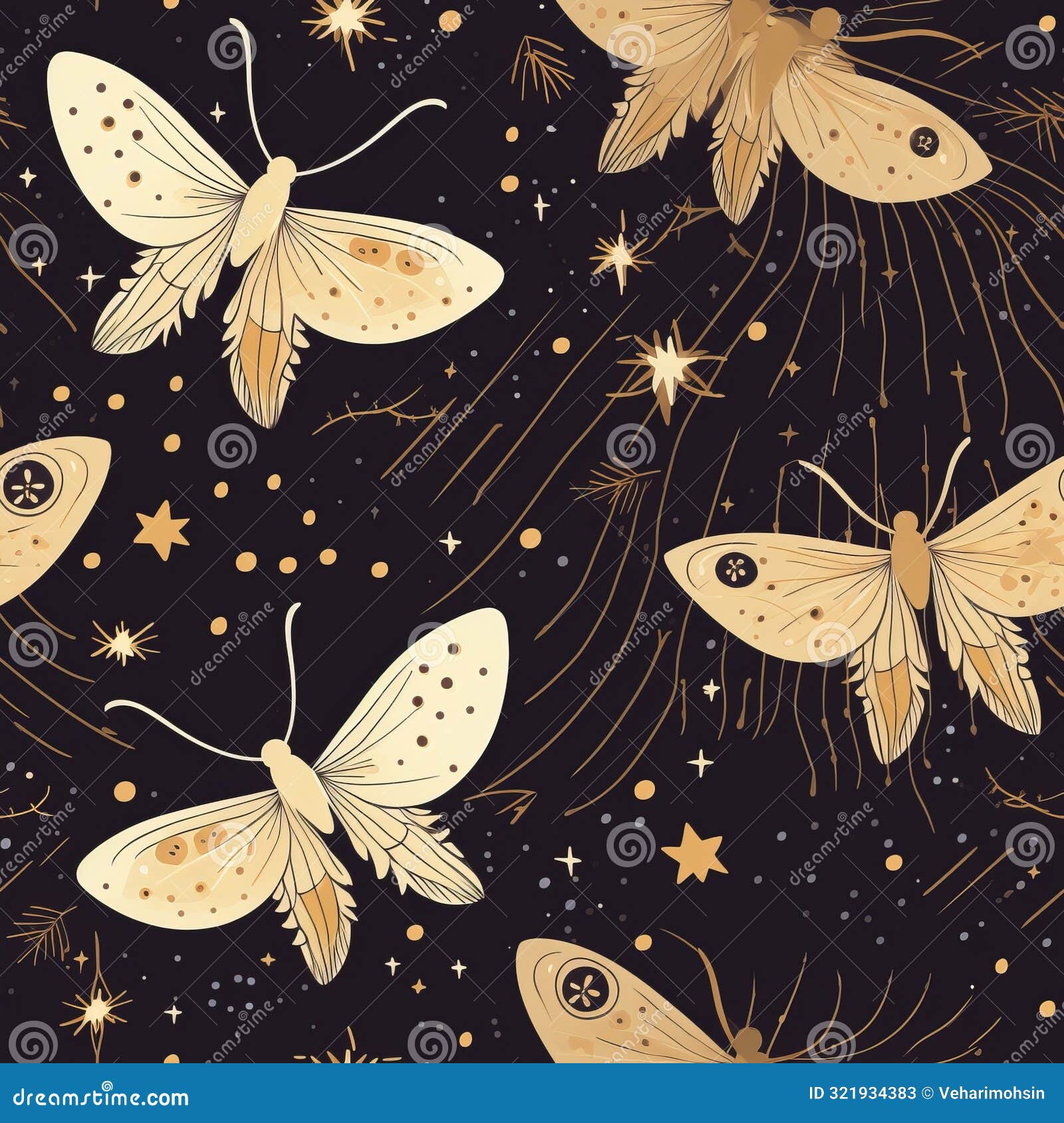 Vector Seamless Pattern with Moon Moth and Stars. Contemporary ...
