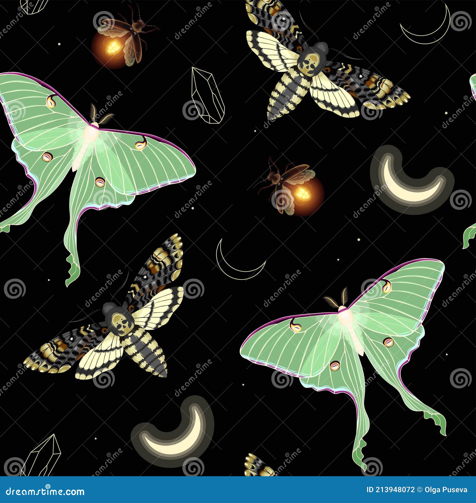 Vector Seamless Pattern with Moon Moth and Stars Stock Vector ...