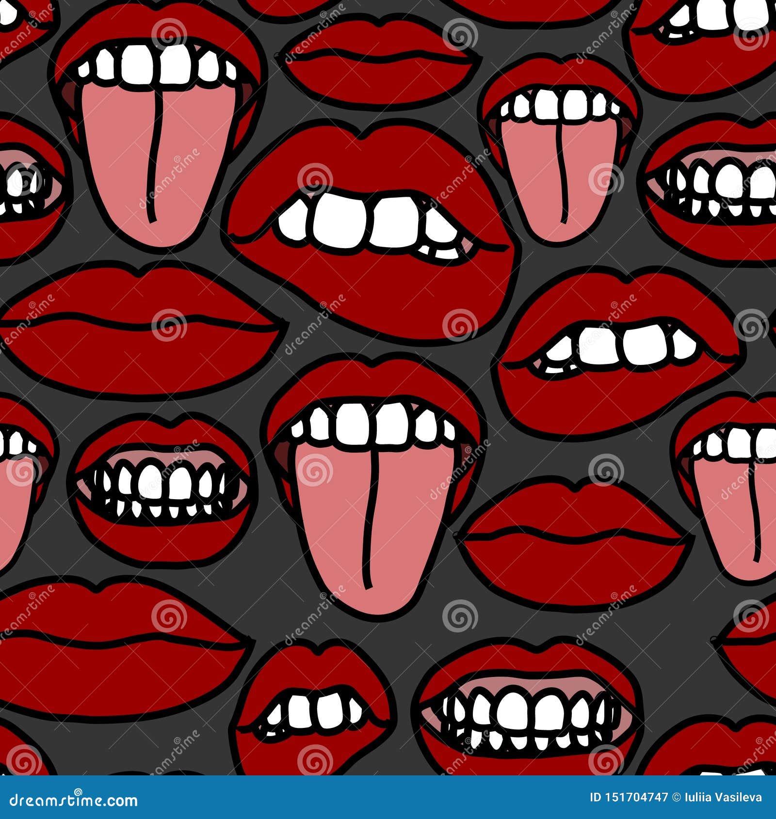 Vector Seamless Pattern of Mouths and Lips on Dark Grey Background ...