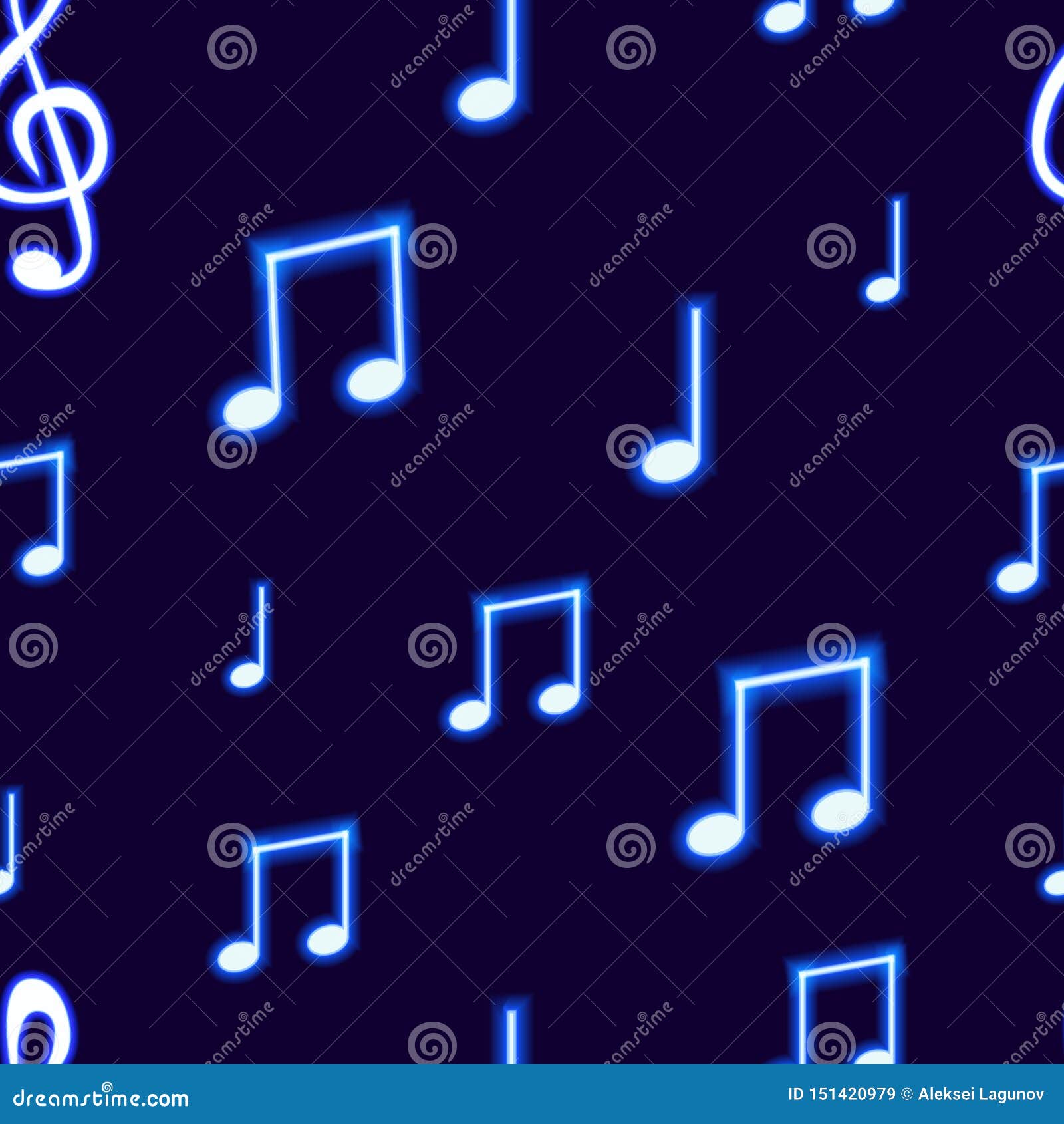 Vector Seamless Pattern with Neon Blue Musical Notes on Dark Background ...