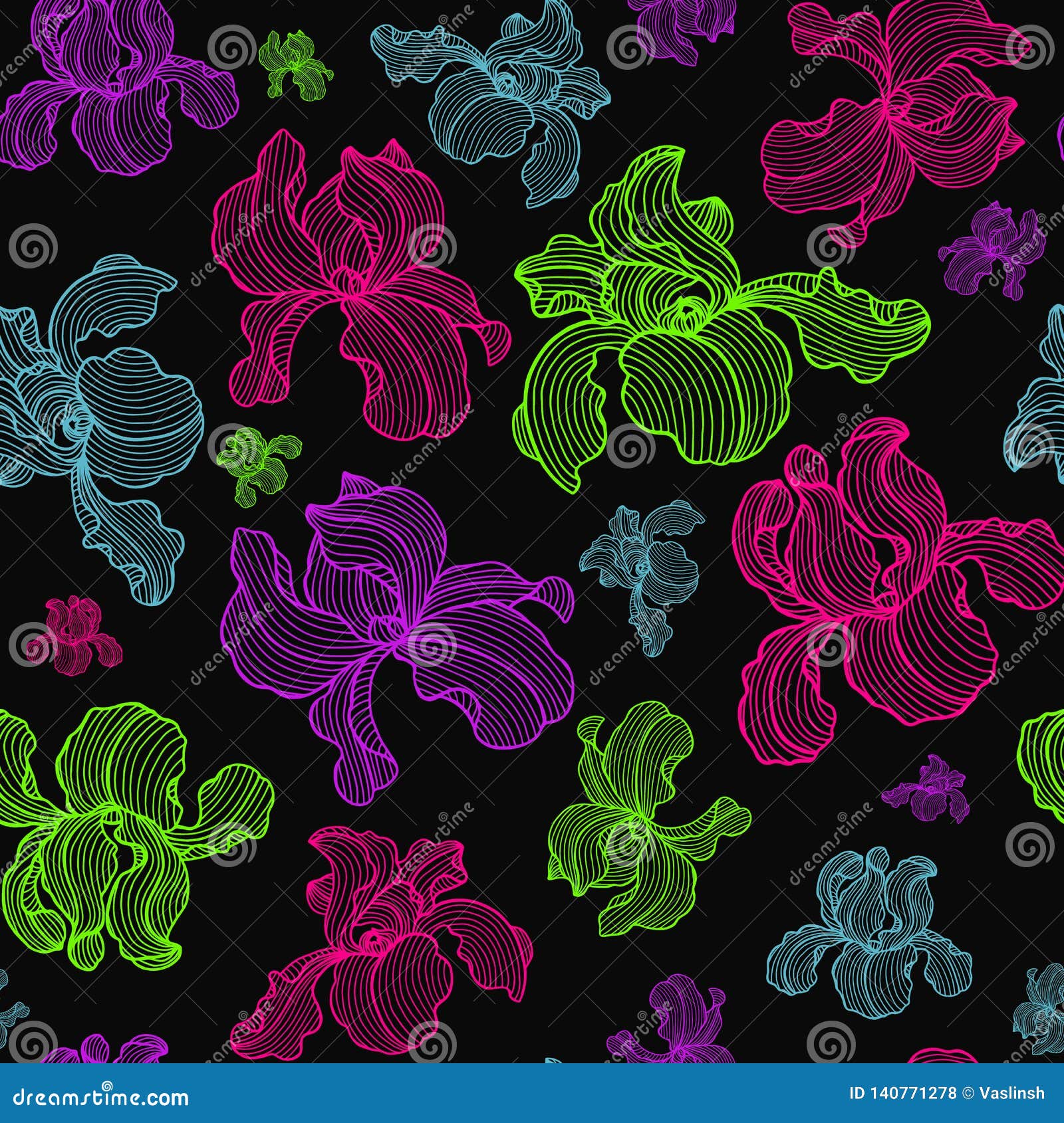 Vector Seamless Pattern of Neon Iris Flowers Stock Vector ...