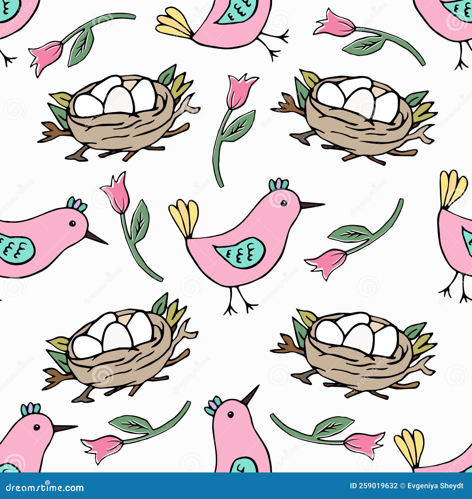 Vector Seamless Pattern with Nest, Birds. Hand Drawn Spring Easter ...