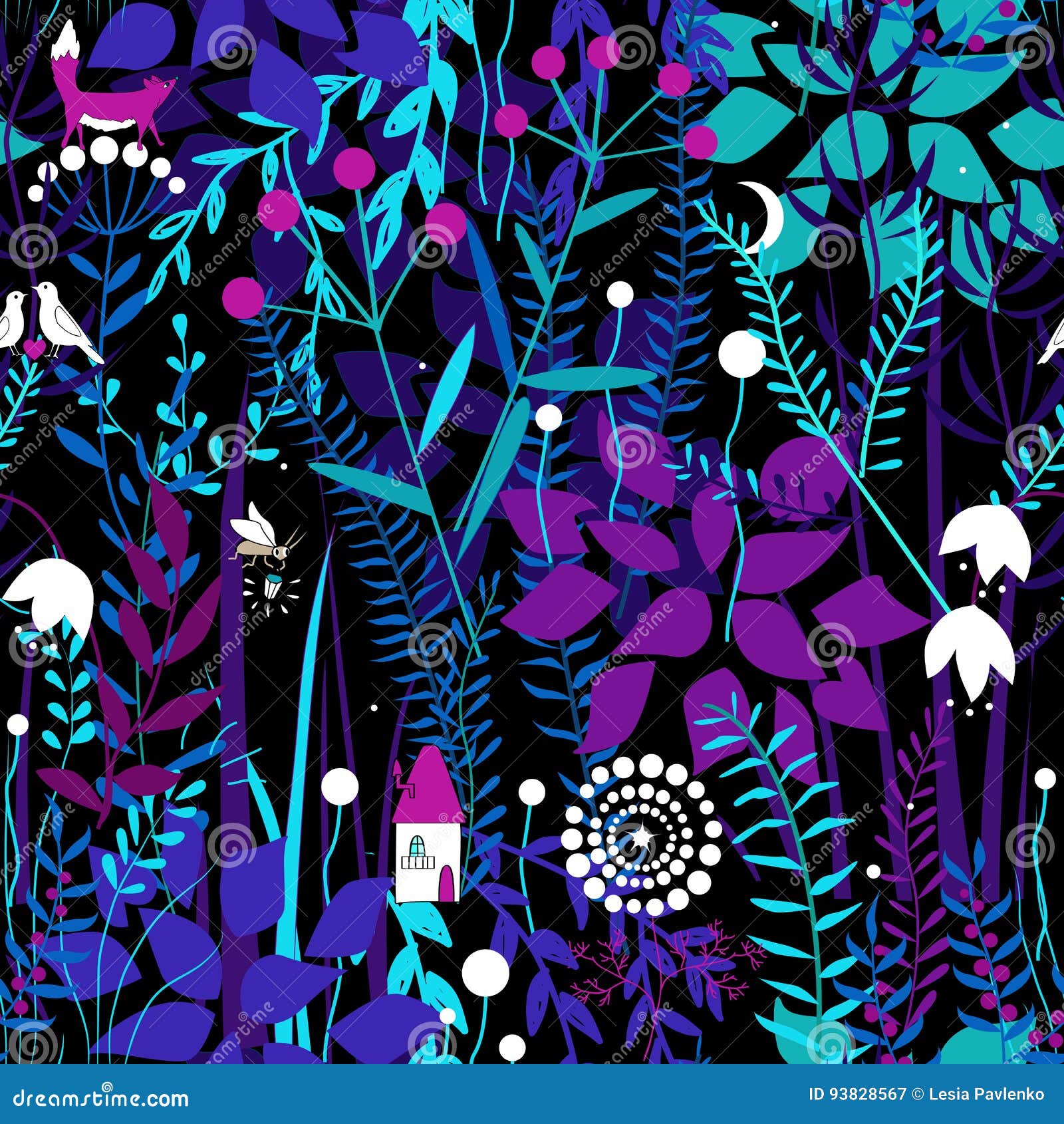 Vector Seamless Pattern with Night Forest Plants, and Fairy House ...