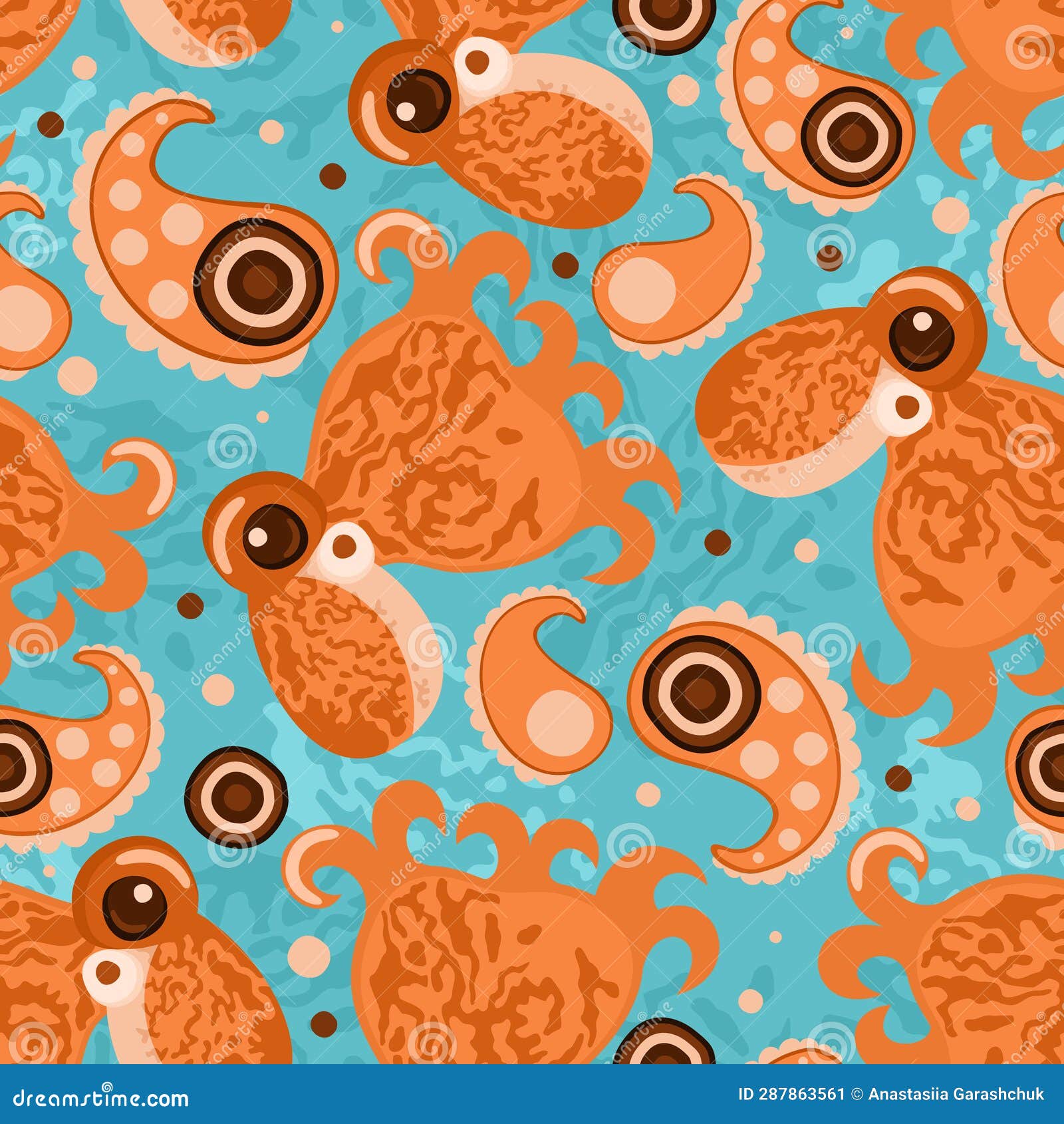 Vector Seamless Pattern with Orange Octopuses and Paisley Decor on Blue ...