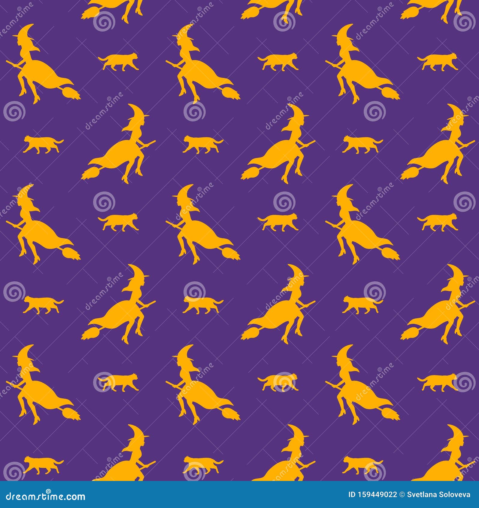 Vector Seamless Pattern of Orange Witch and Cat Stock Illustration ...