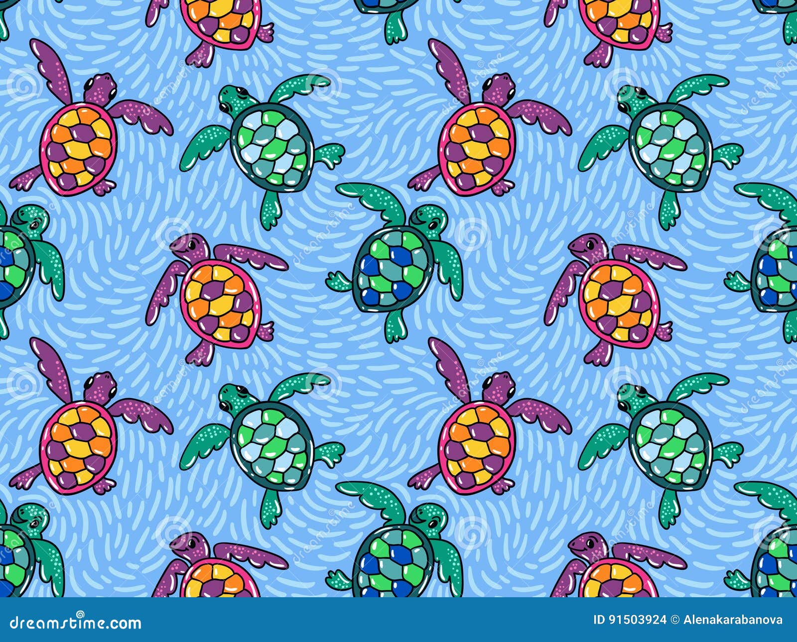 Vector Seamless Pattern with Ornamental Ocean Turtles. Blue Hand Drawn ...