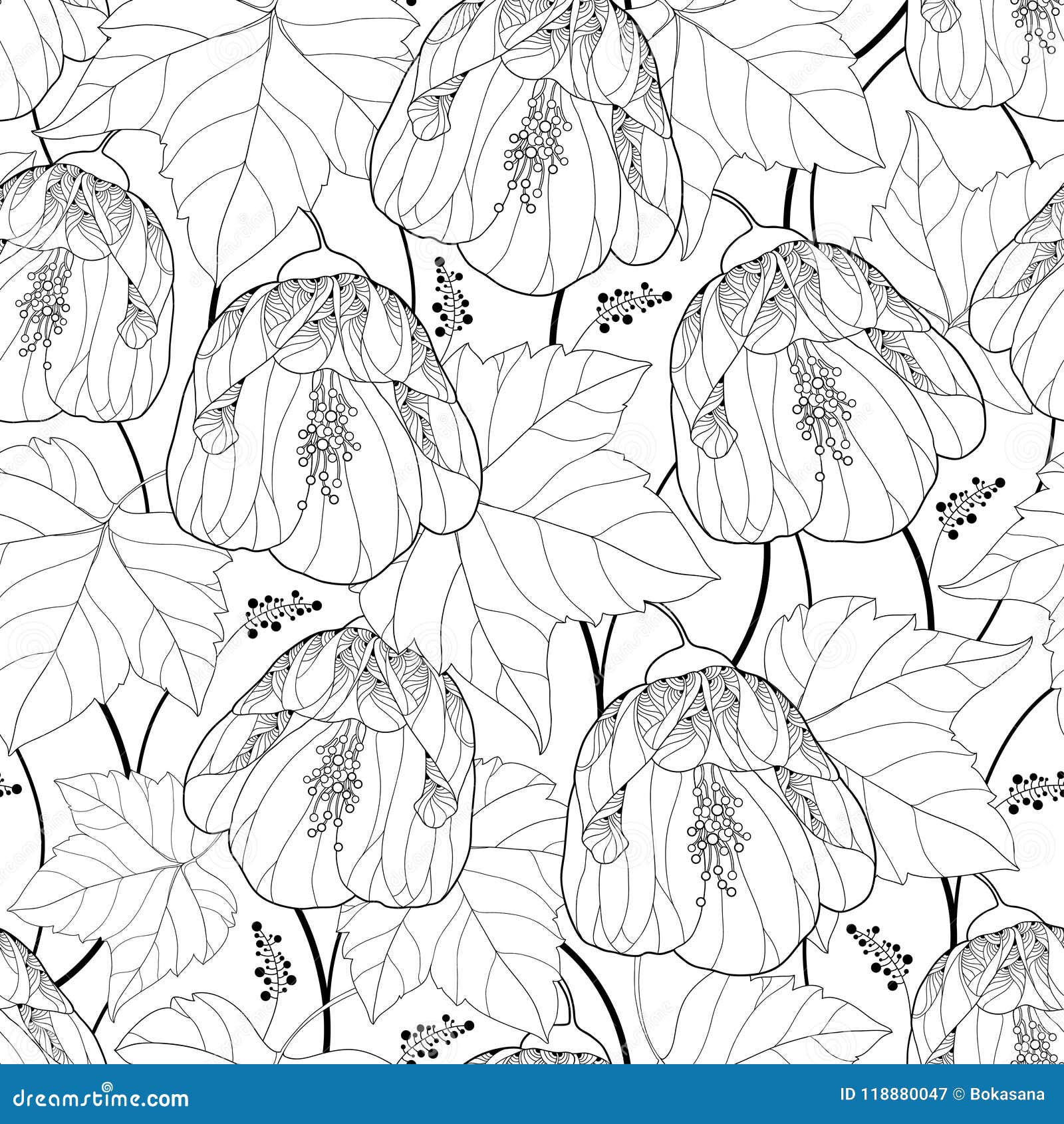 Vector Seamless Pattern with Outline Black Abutilon or Indian Mallow ...