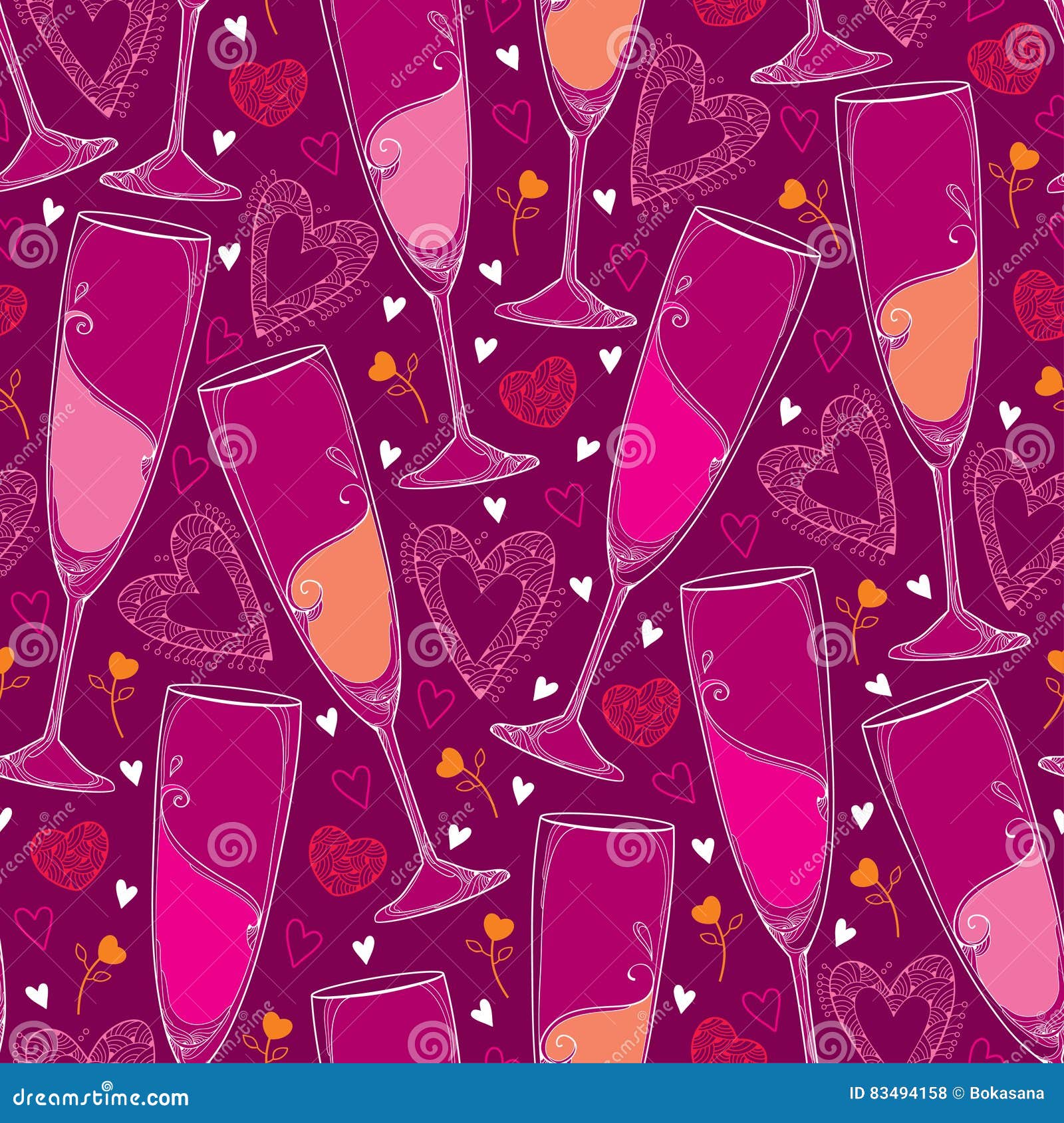 Vector Seamless Pattern with Outline Champagne Glass and Pink Hearts on ...