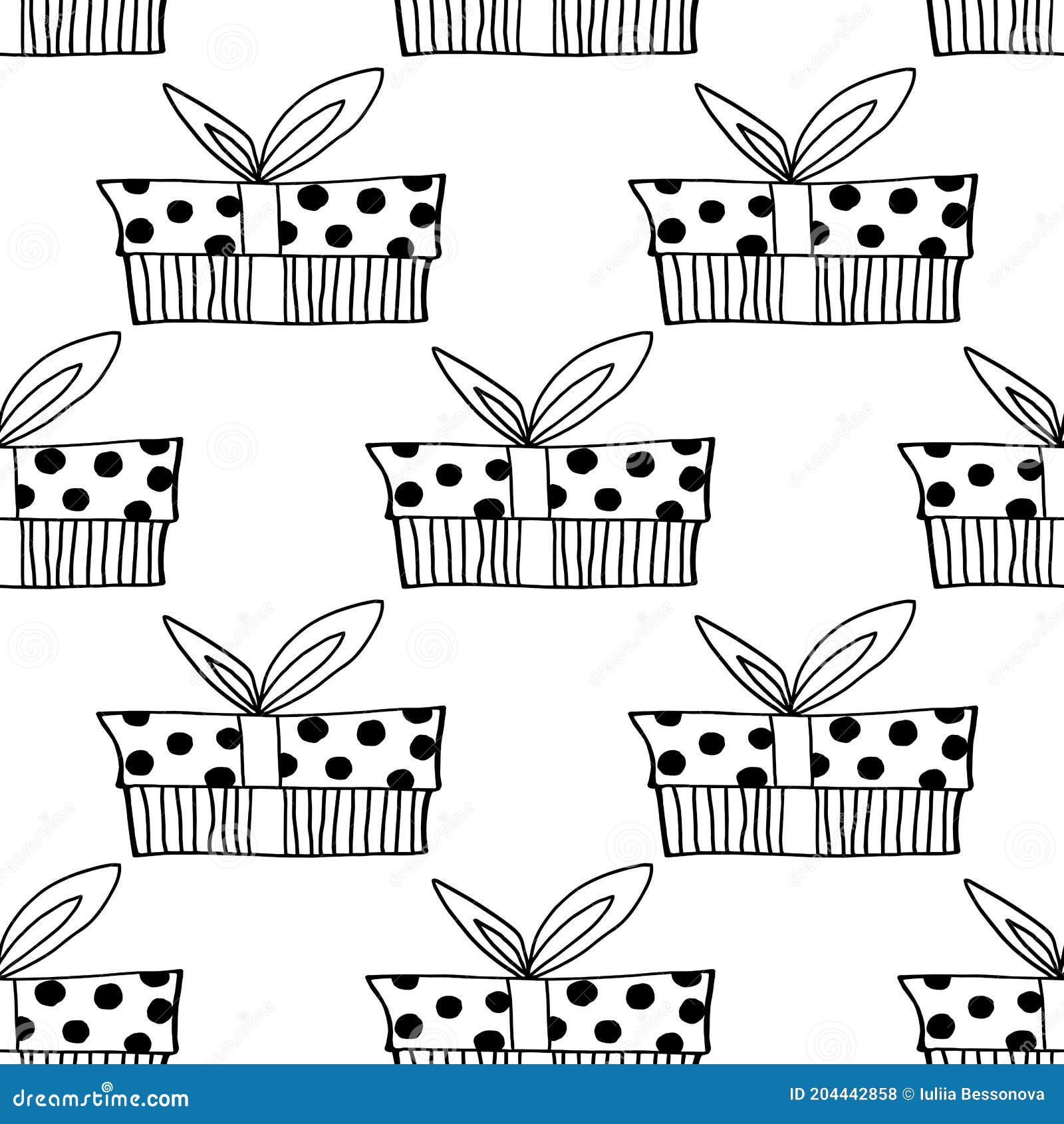 Vector Seamless Pattern with Outline Gift Box in Doodle Style. Cute ...