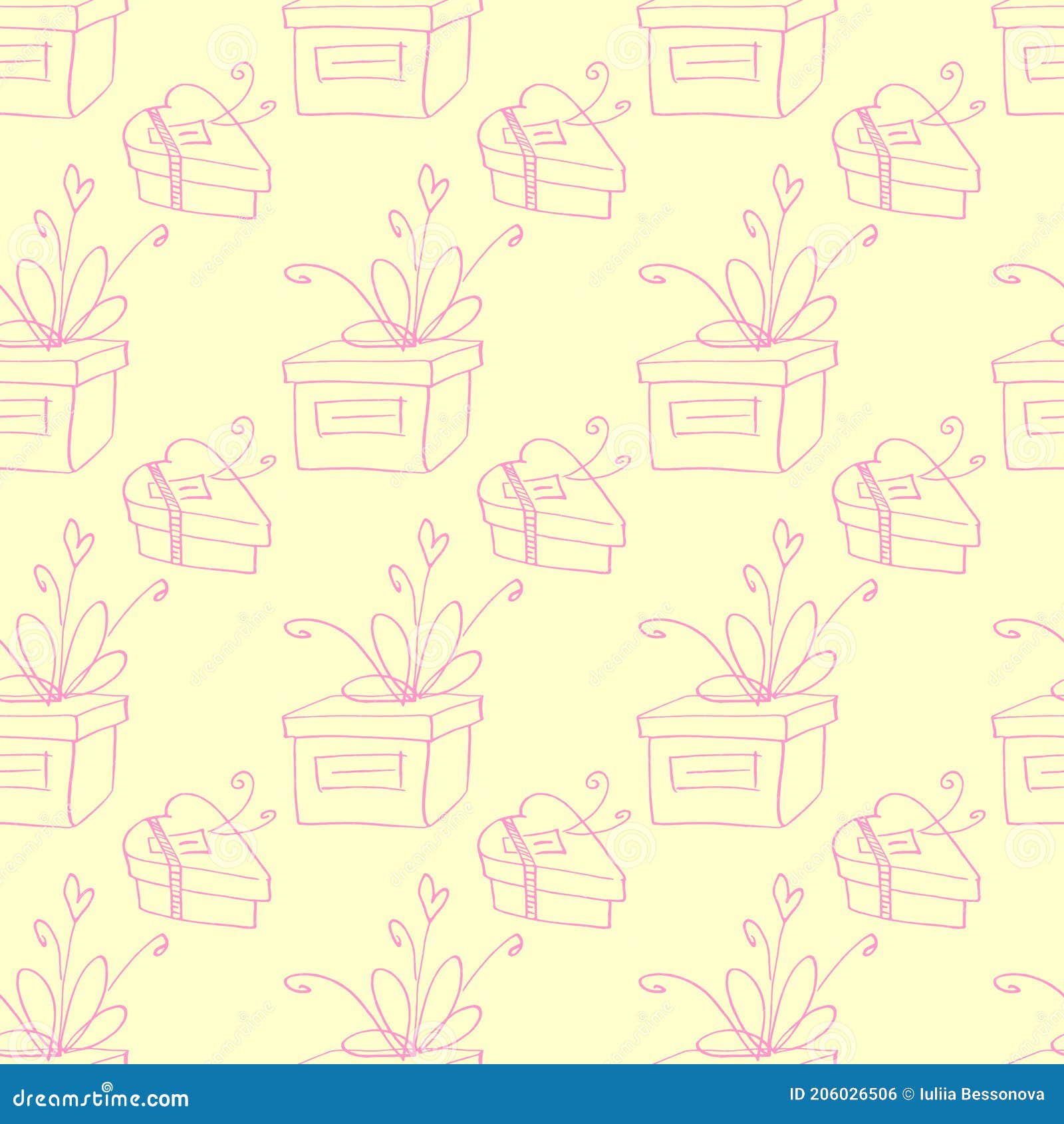 Vector Seamless Pattern with Outline Gift Box in Doodle Style, Line Art ...