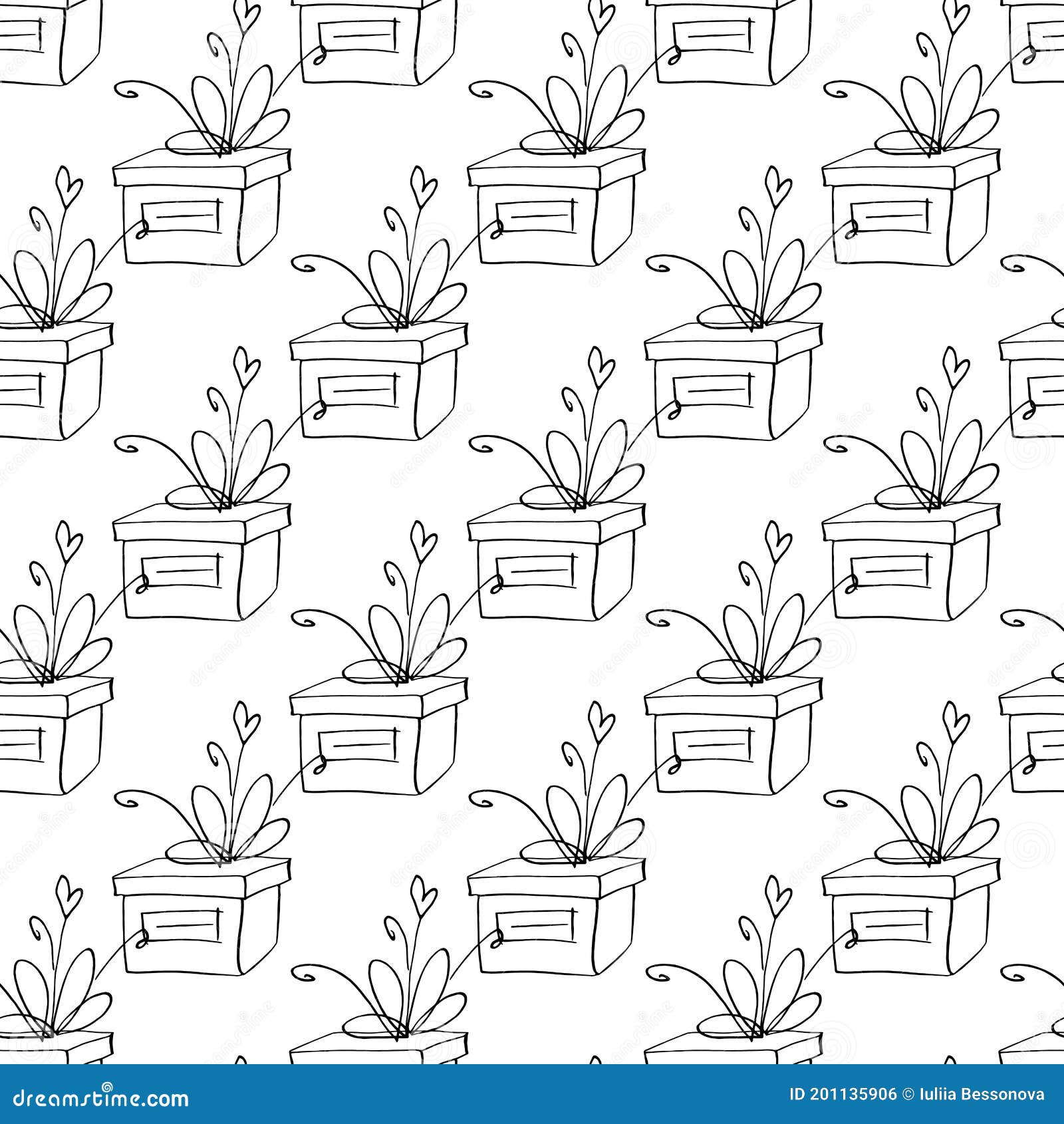 Vector Seamless Pattern with Outline Gift Box in Doodle Style, Line Art ...