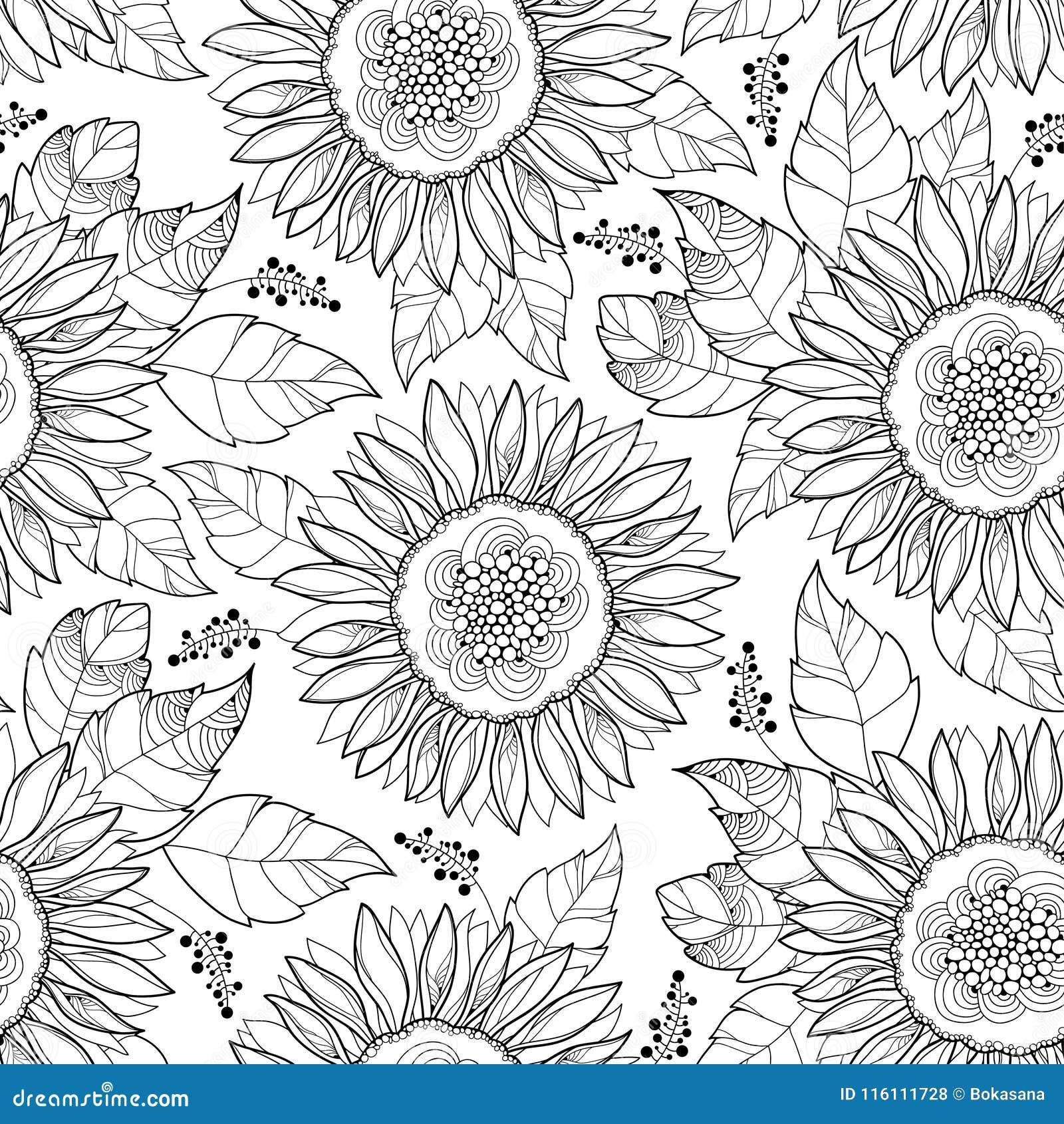 Vector Seamless Pattern with Outline Open Sunflower or Helianthus ...