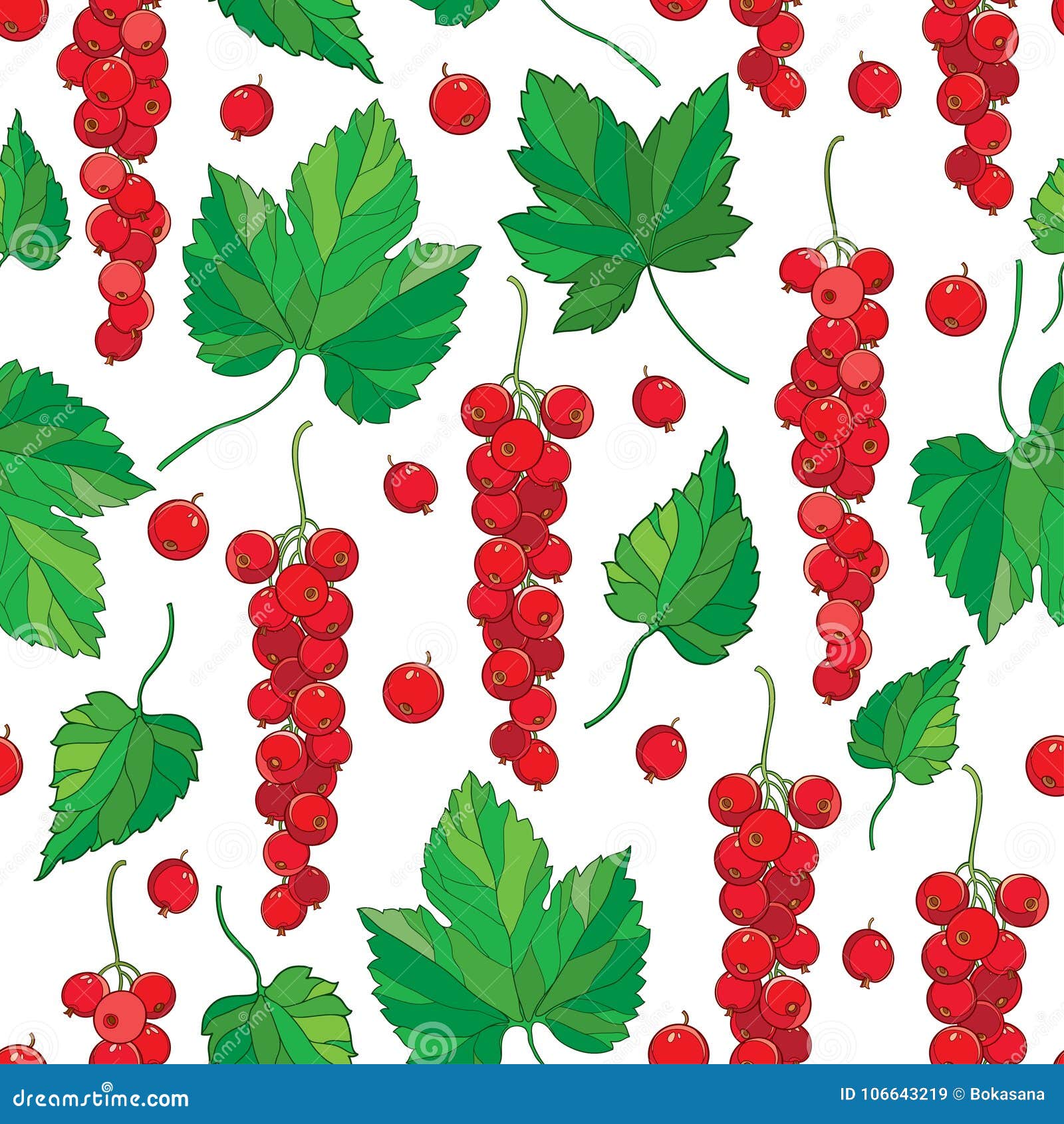 Vector Seamless Pattern with Outline Red Currant Berry Bunch and Green ...