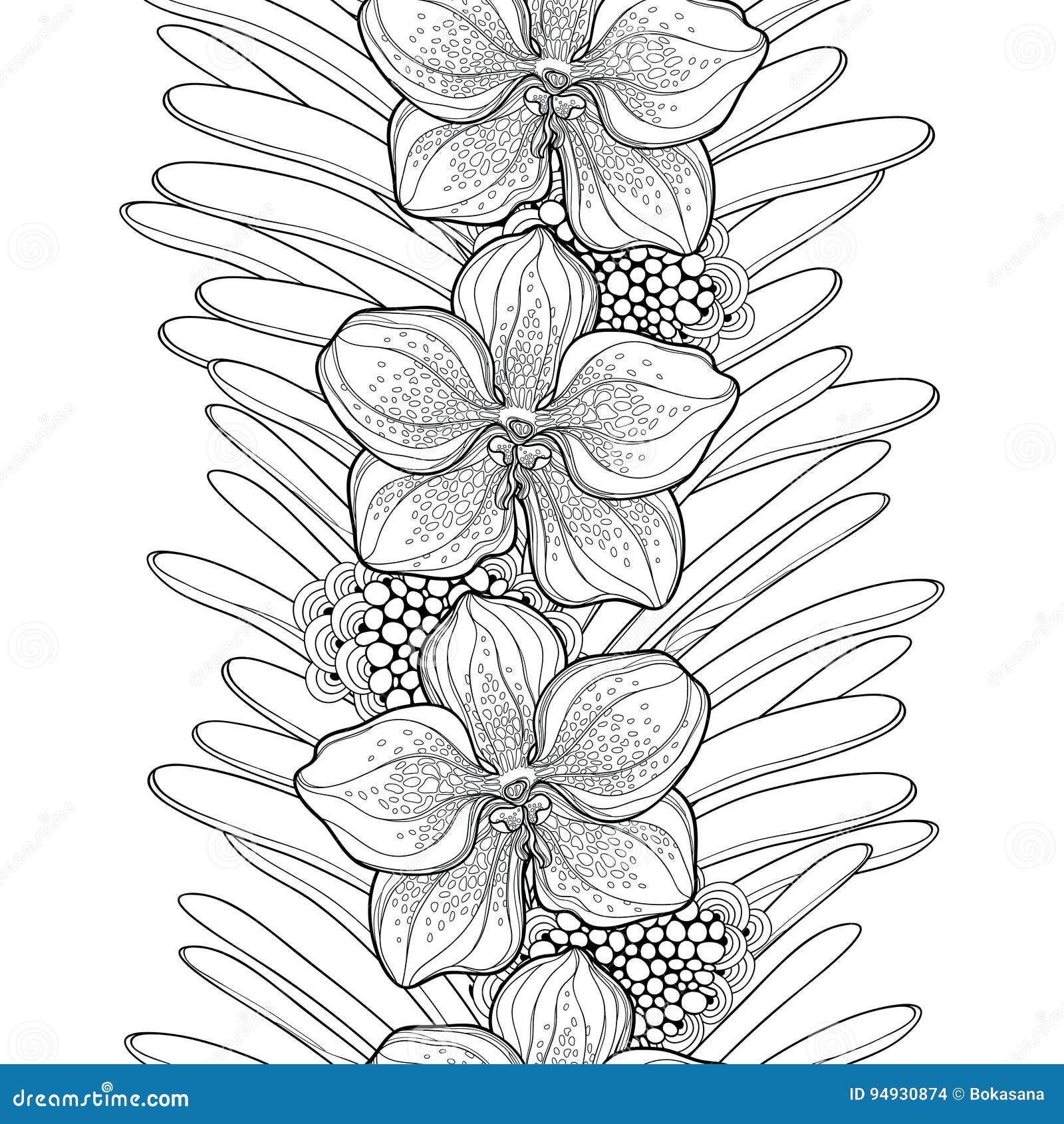 Vector Seamless Pattern with Outline Vanda Orchid Flower and Leaves on ...