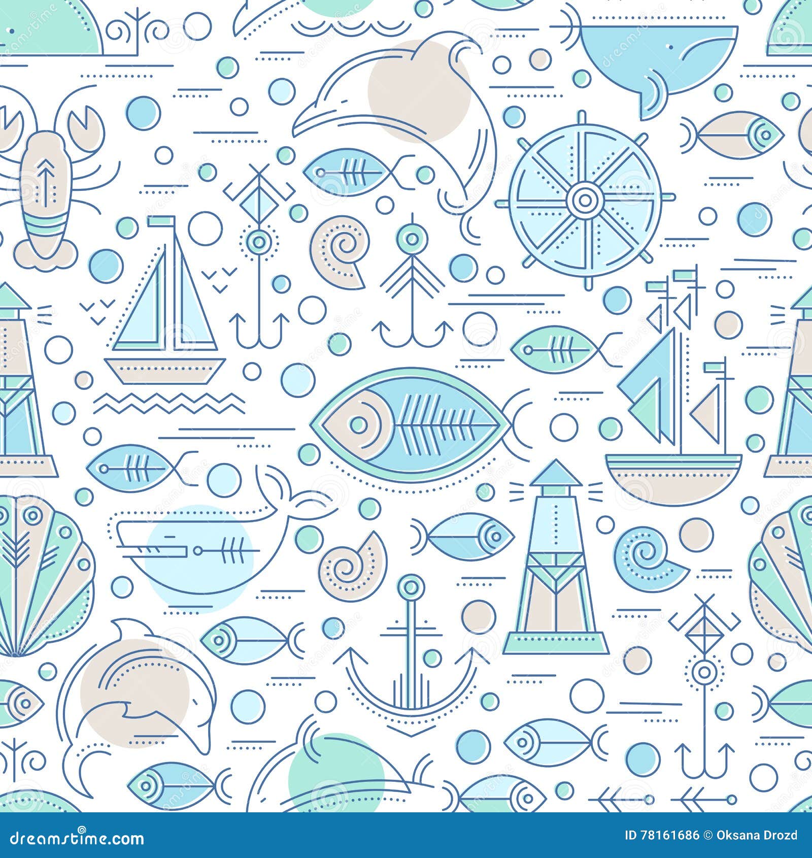 Vector Seamless Pattern with Outlined Seafaring and Nautical Signs ...