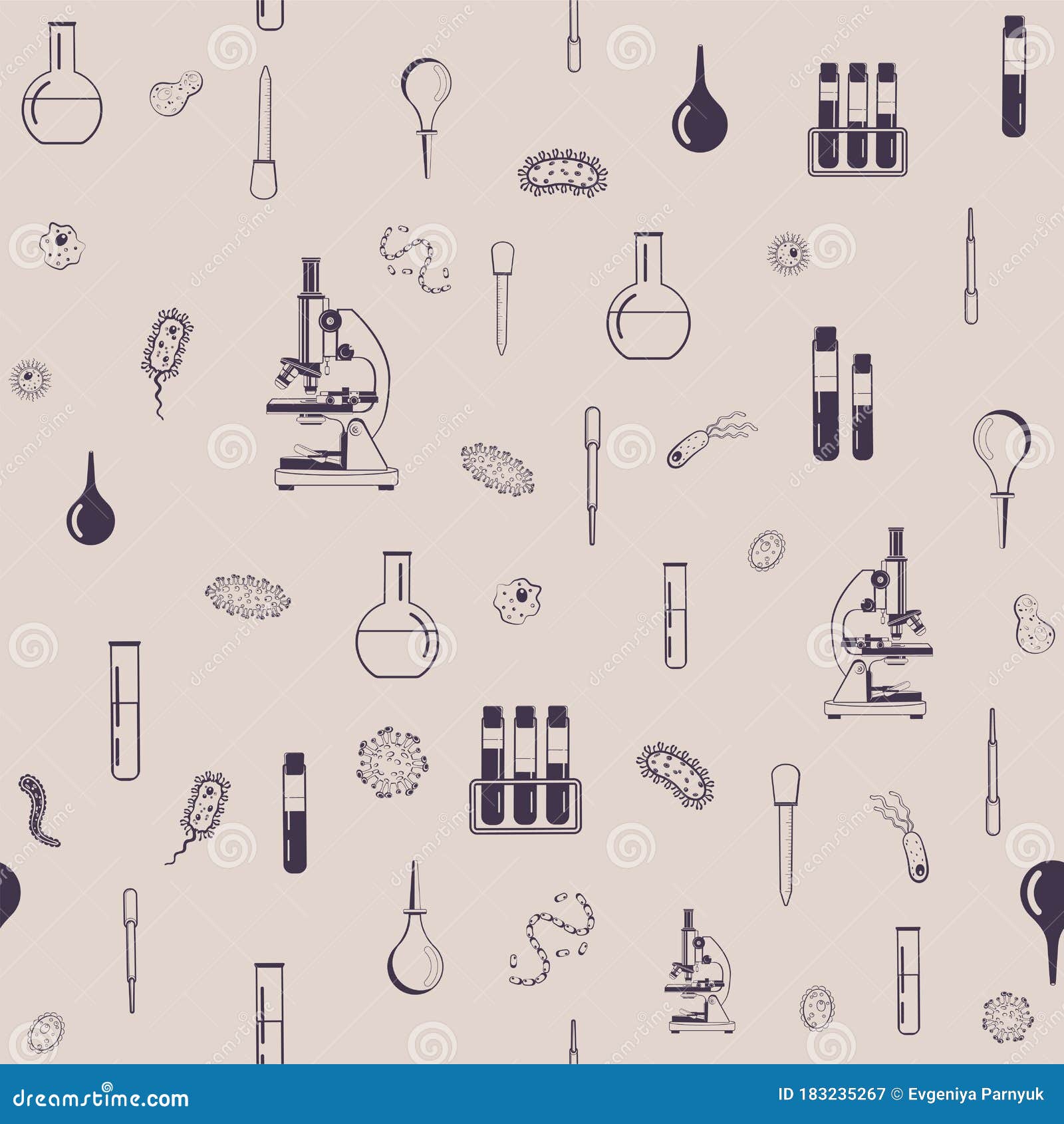 Vector Seamless Pattern with Outlines of Microscope, Flasks, Test Tubes ...